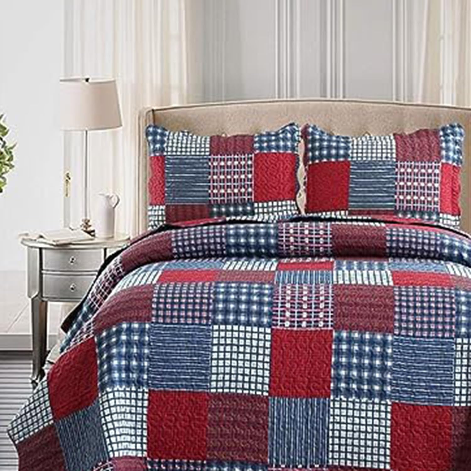 Red Blue Plaid Quilt Set King Size Country Patchwork Bedding Set ...