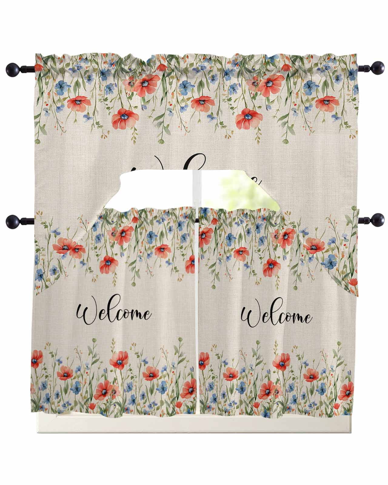 Red Blue Spring Floral Kitchen Curtains Swag Valance and Tier Curtains ...