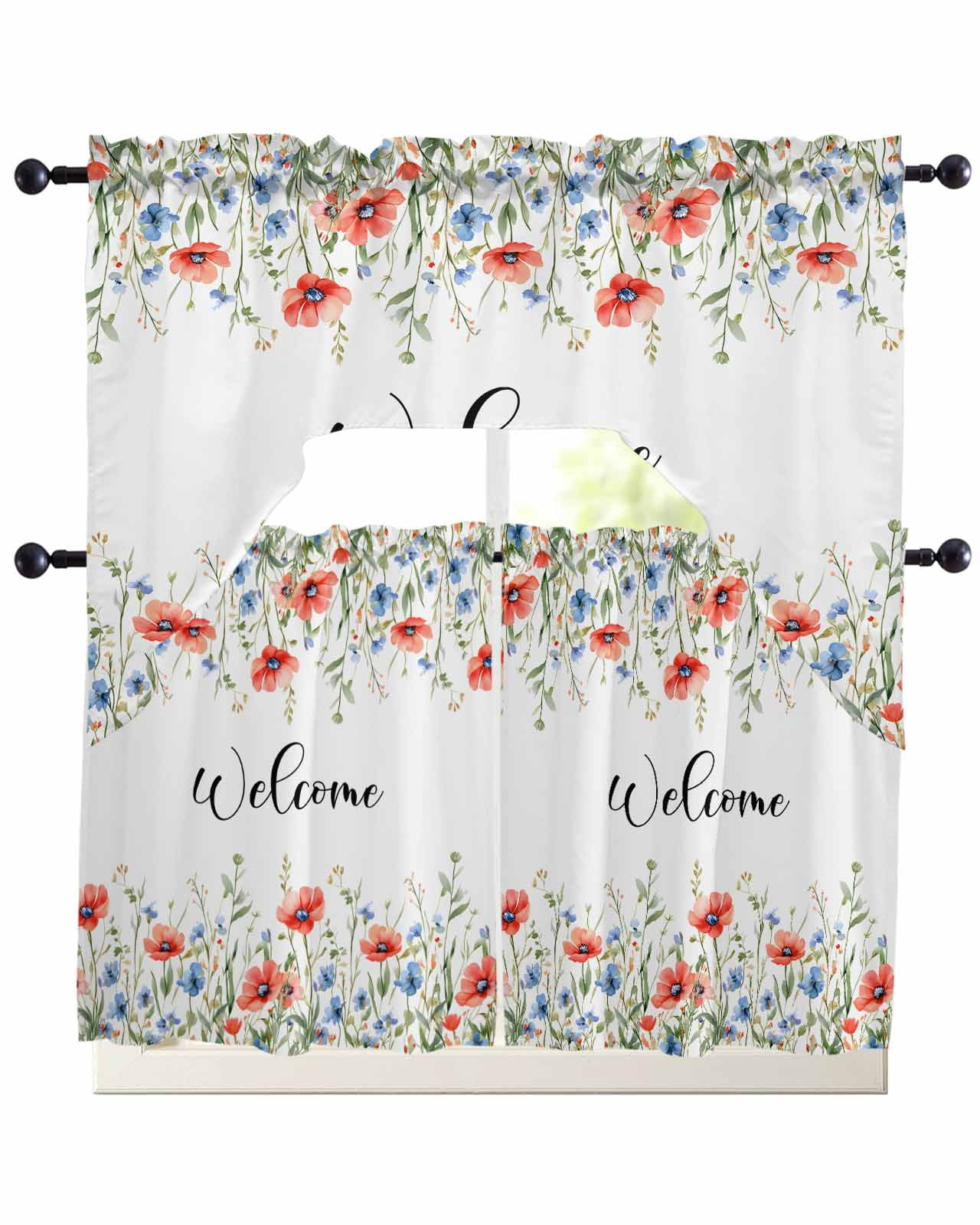 Red Blue Spring Floral Kitchen Curtains Swag Valance and Tier Curtains ...