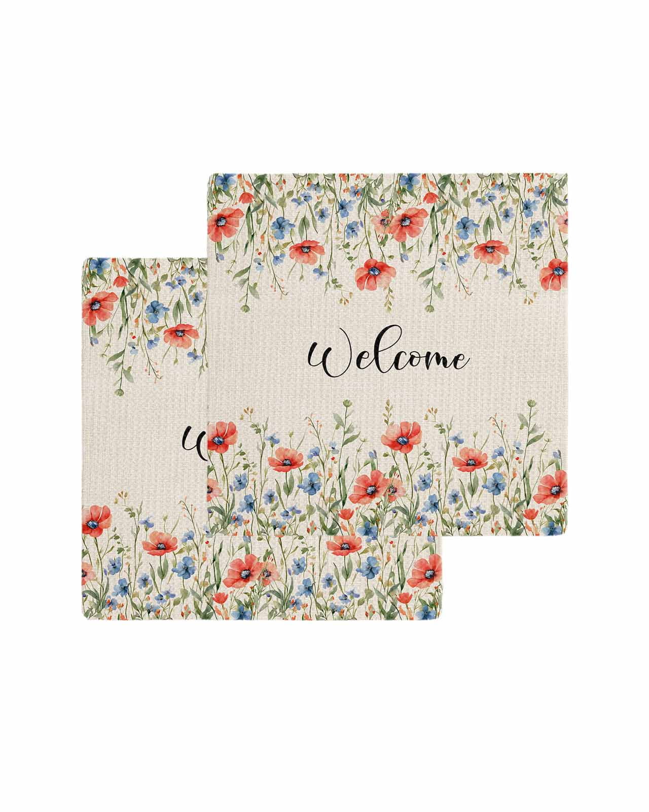 Red Blue Spring Floral Kitchen Dish Towels for Drying Dishes Set of 2, Rustic Pastoral Botanical ...