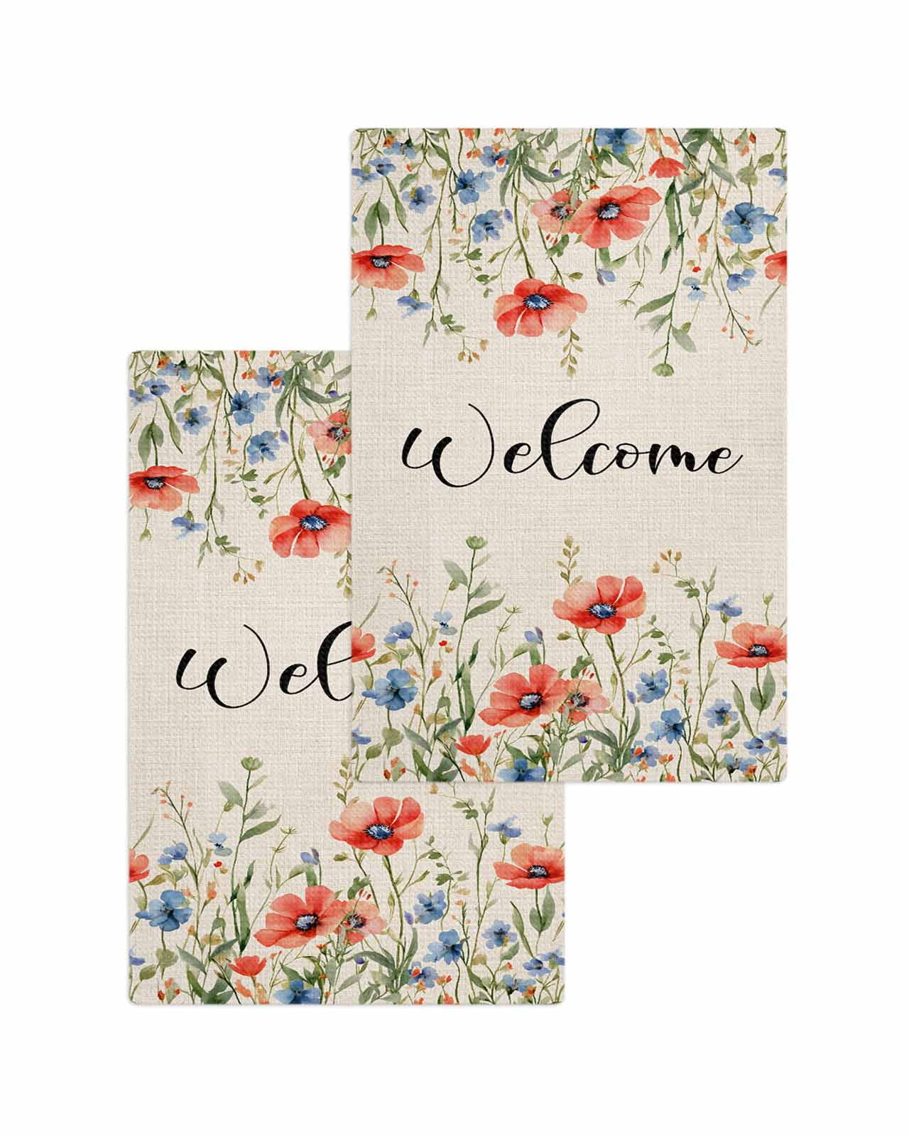 Red Blue Spring Floral Kitchen Dish Towels for Drying Dishes Set of 2, Rustic Pastoral Botanical ...