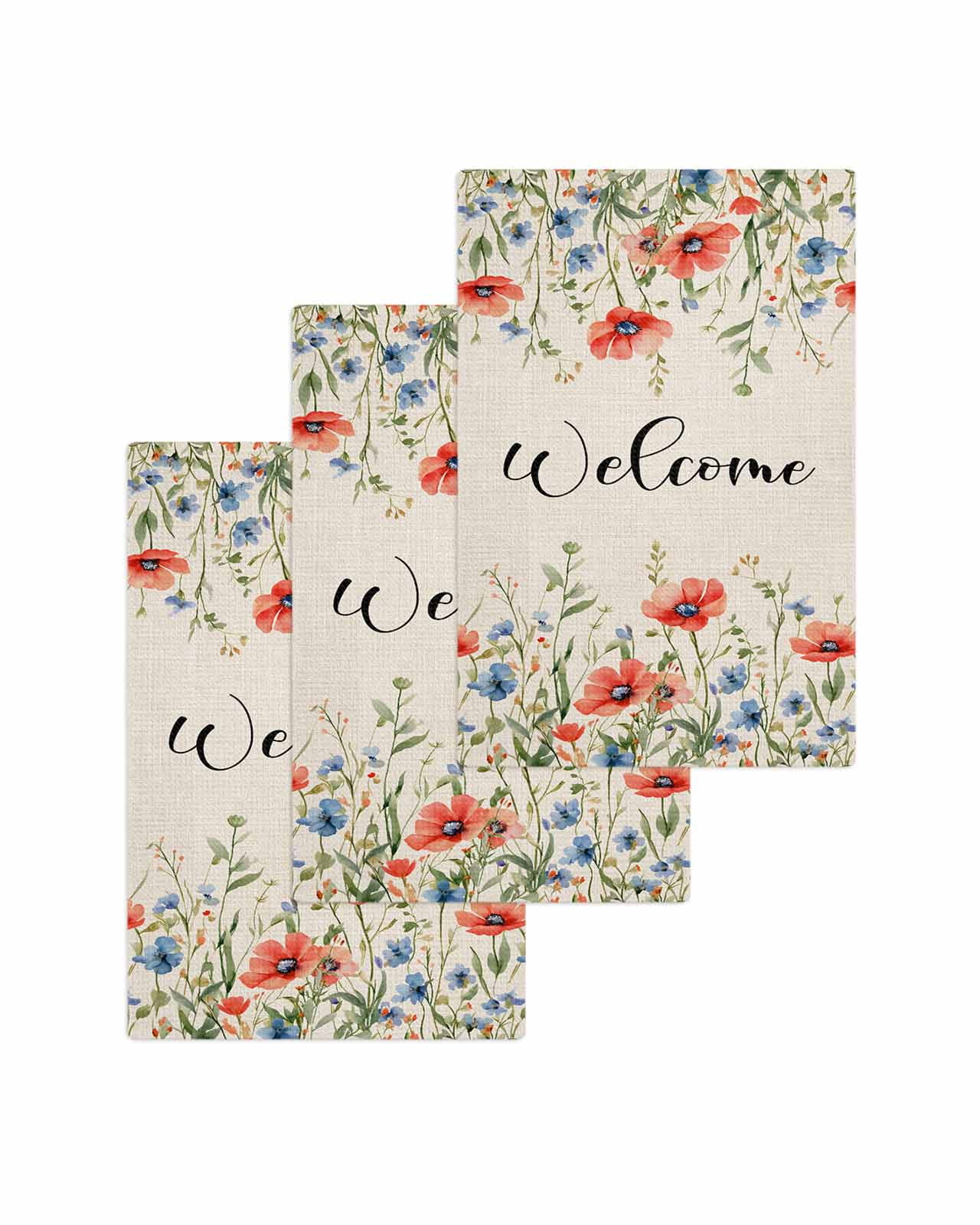 Red Blue Spring Floral Kitchen Dish Towels for Drying Dishes Set of 3, Rustic Pastoral Botanical ...