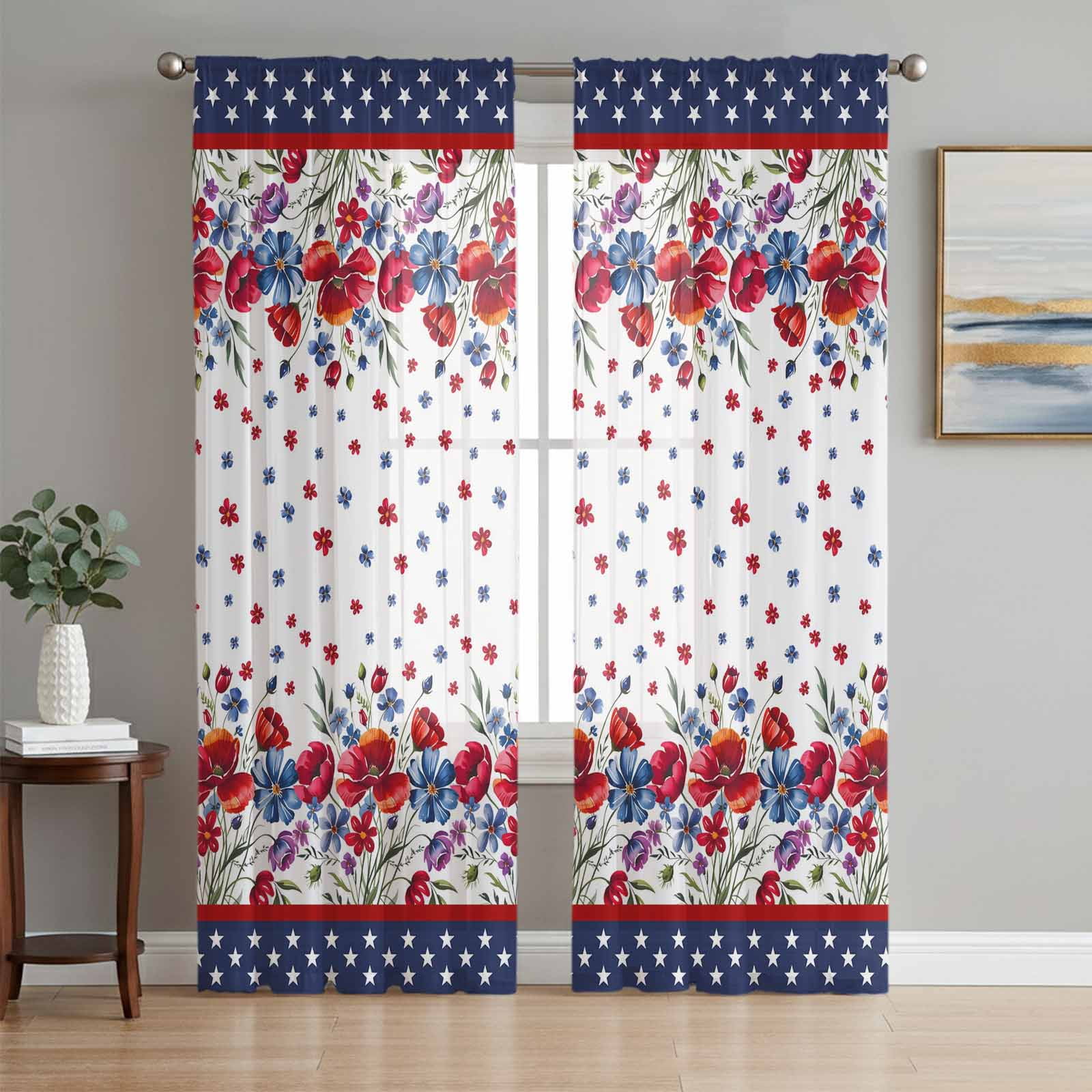 Red Blue Spring Floral Sheer Curtains 96 Inch Length 2 Panels Set ...
