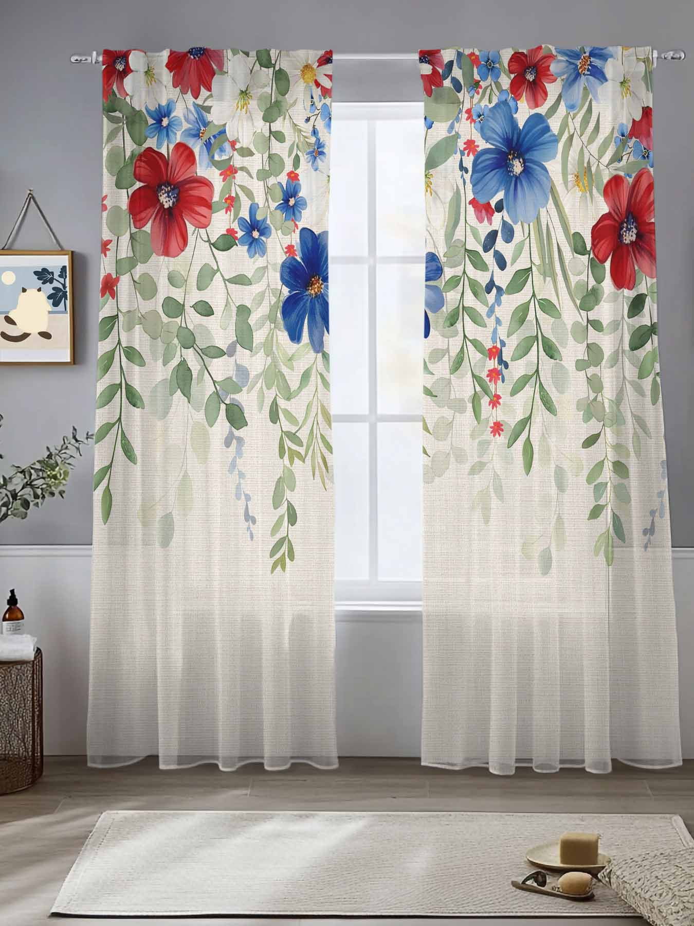 Red Blue Spring Floral Sheer Curtains for Living Room Bedroom Green Summer Botanical Watercolor ...