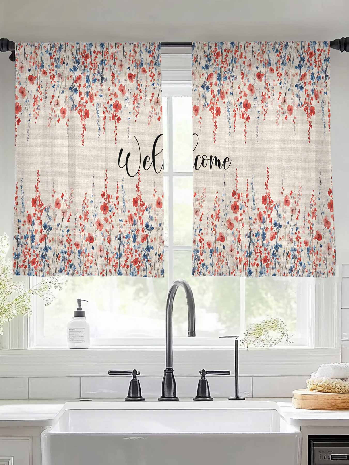 Red Blue Spring Floral Sheer Curtains for Living Room Bedroom Welcome ...
