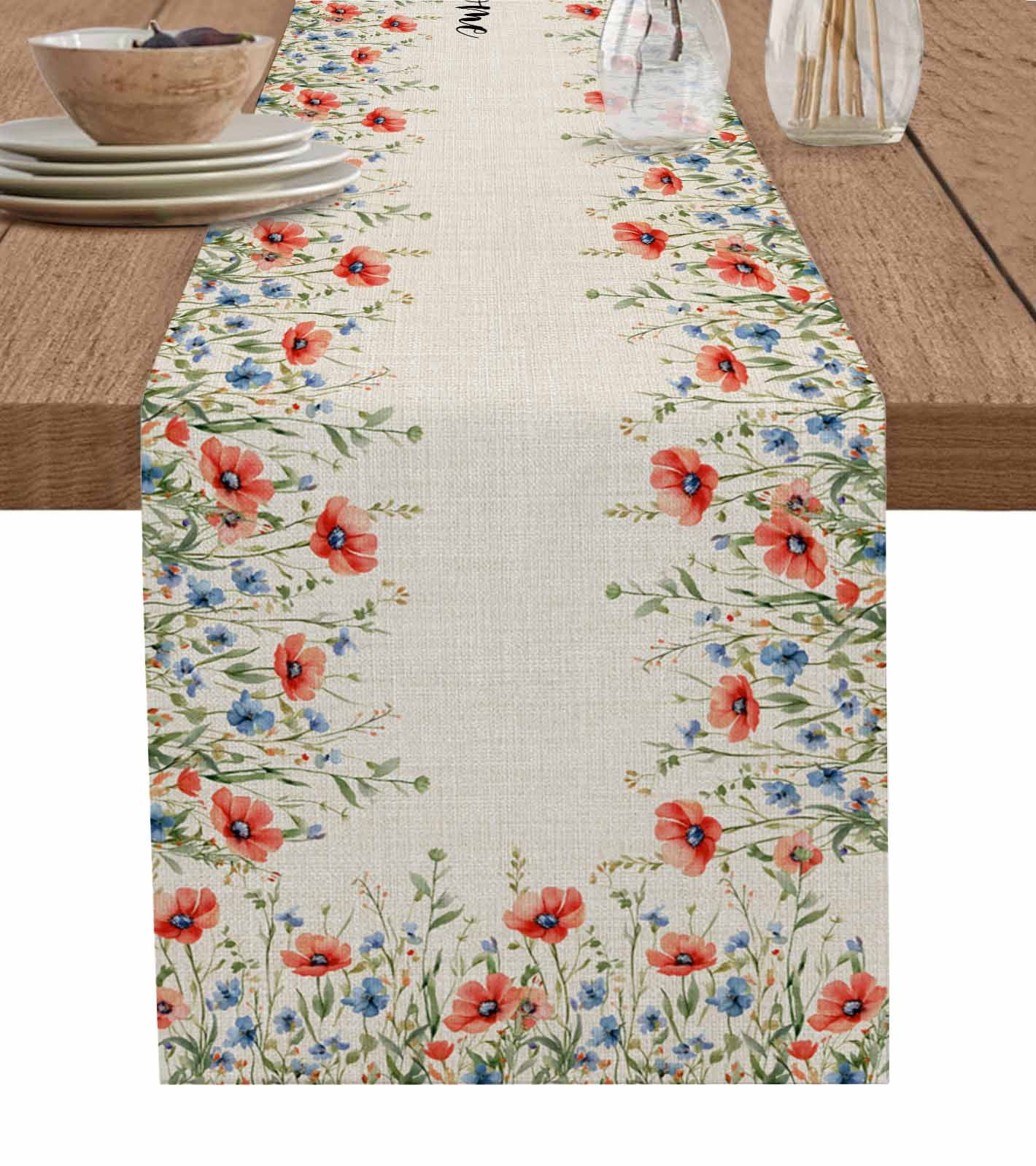 Red Blue Spring Floral Table Runner 90 Inches, Rustic Pastoral ...