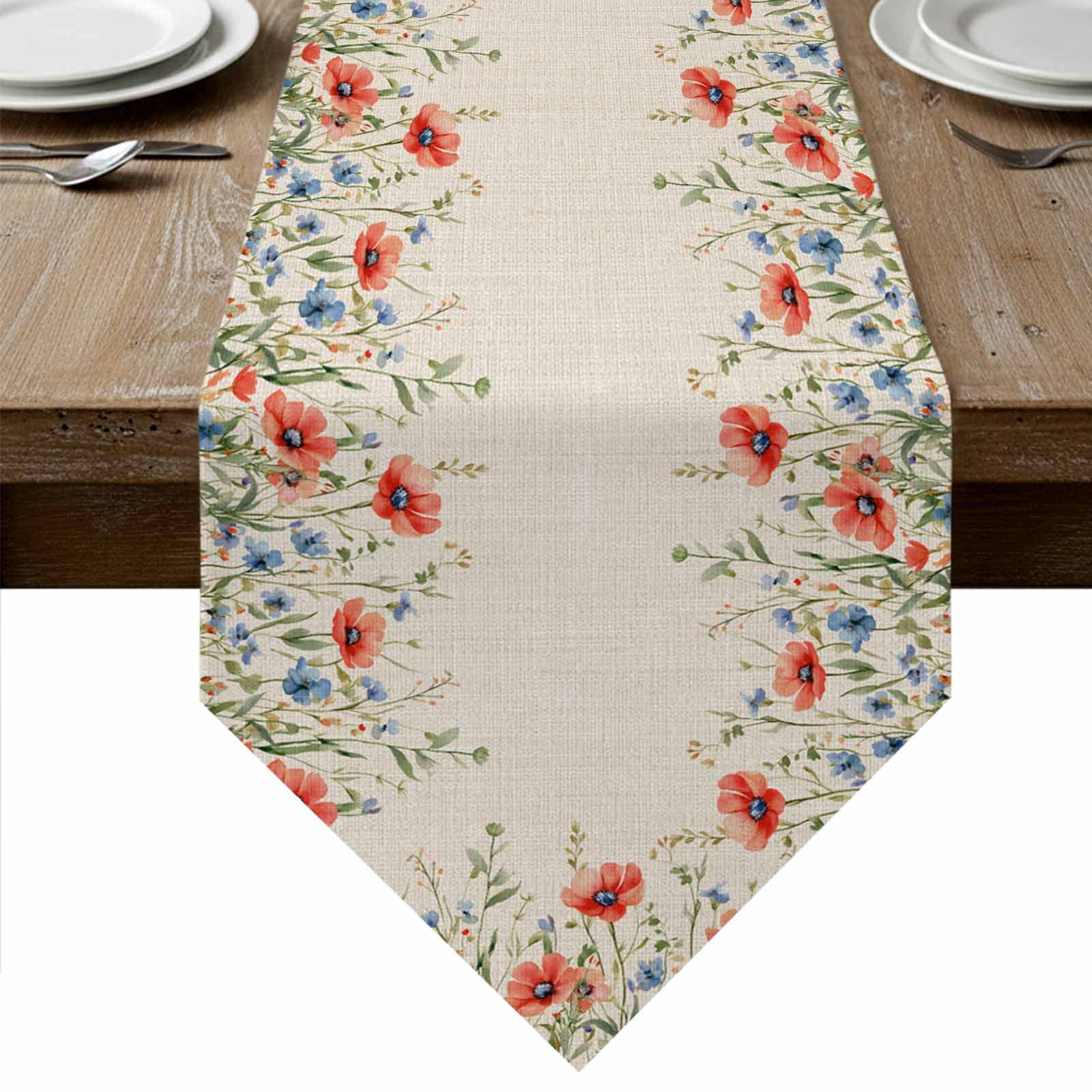 Red Blue Spring Floral Table Runner Linen Burlap Table Runner 72 Inches ...