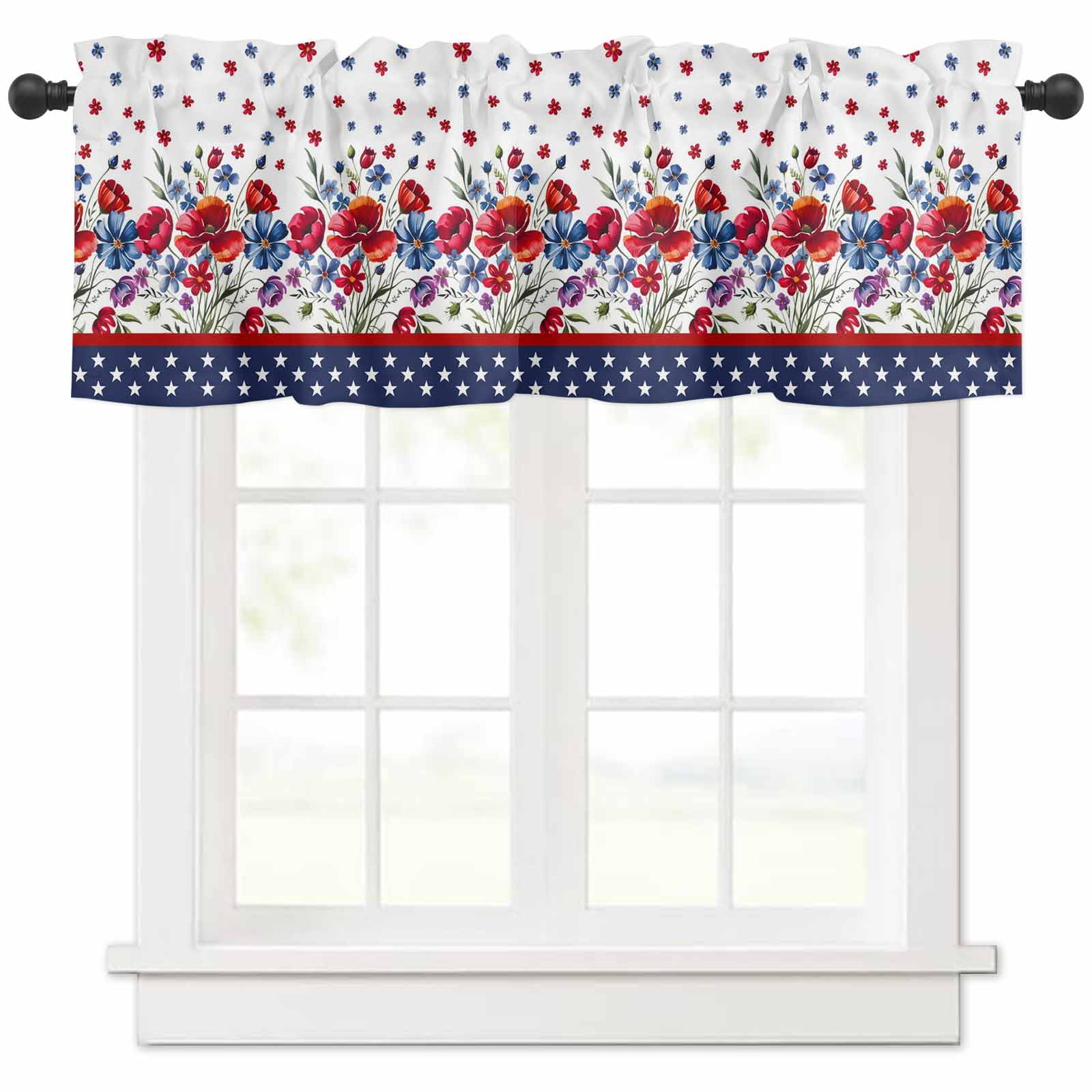 Red Blue Spring Floral Valances for Windows Farmhouse Kitchen Curtains ...