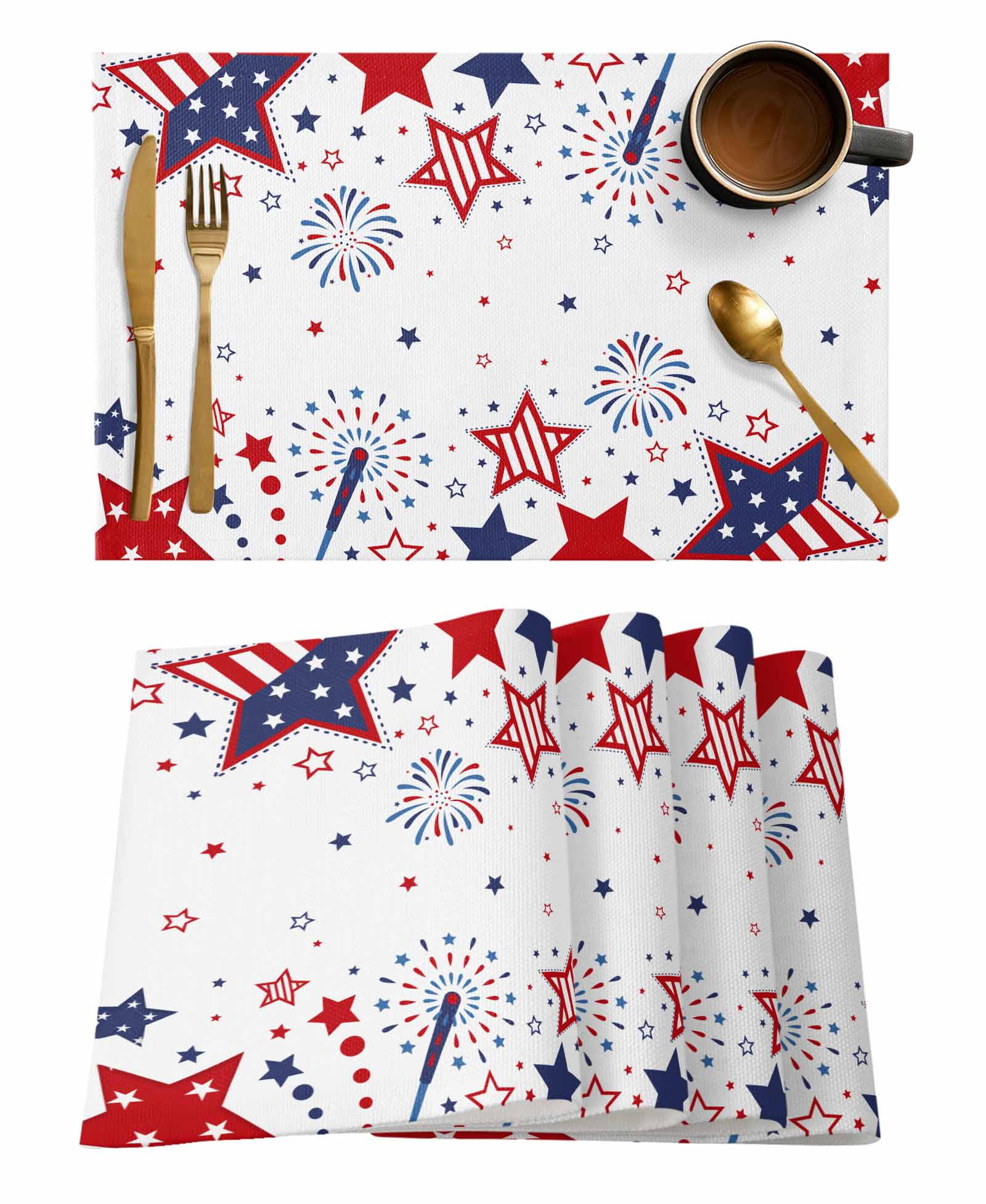 Red Blue Star 4th of July Placemats Set of 4, Independence Day ...