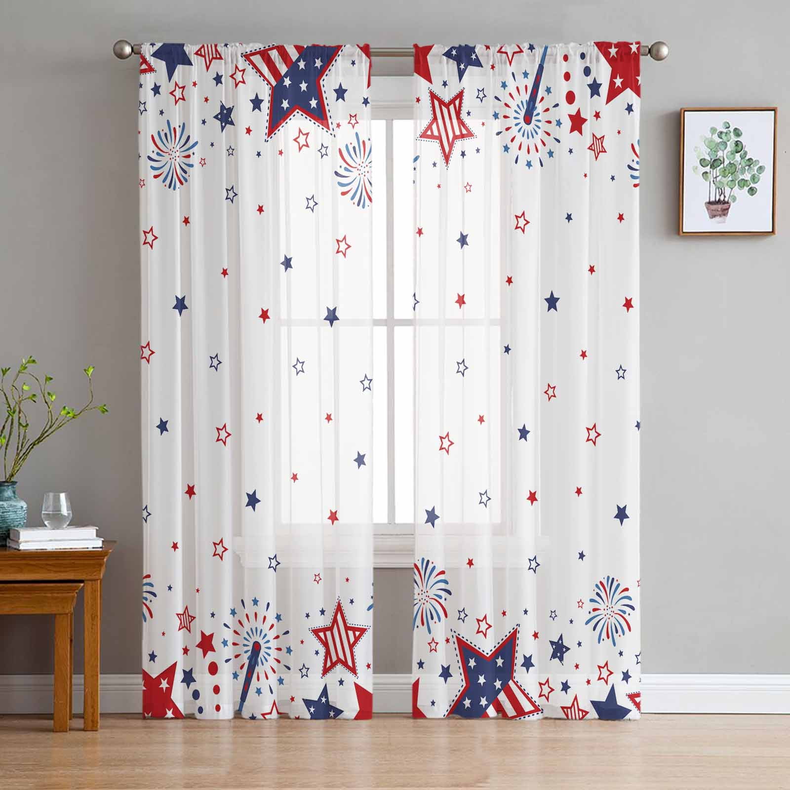 Red Blue Star 4th of July Sheer Curtains 96 Inch Length 2 Panels Set ...