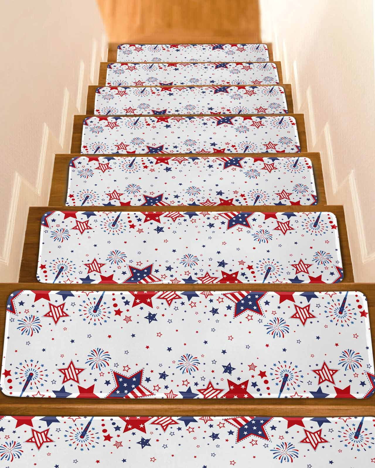 Red Blue Star 4th of July Stair Treads for Wooden Steps Indoor Runner ...
