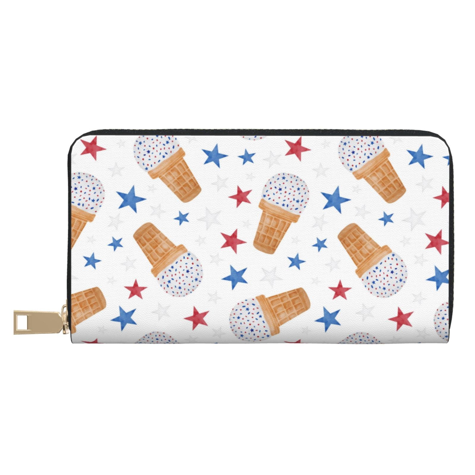 Red Blue Stars Ice Cream Print Wallet Women, Leather Bifold Multi Card ...