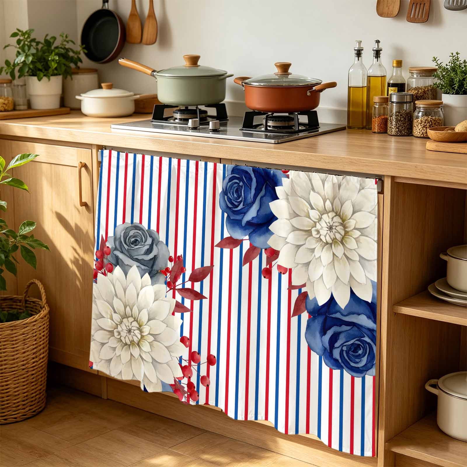 Red Blue Stripes Cabinet Curtains 35" W x 35" L, Blue Rose White Dahlia ...