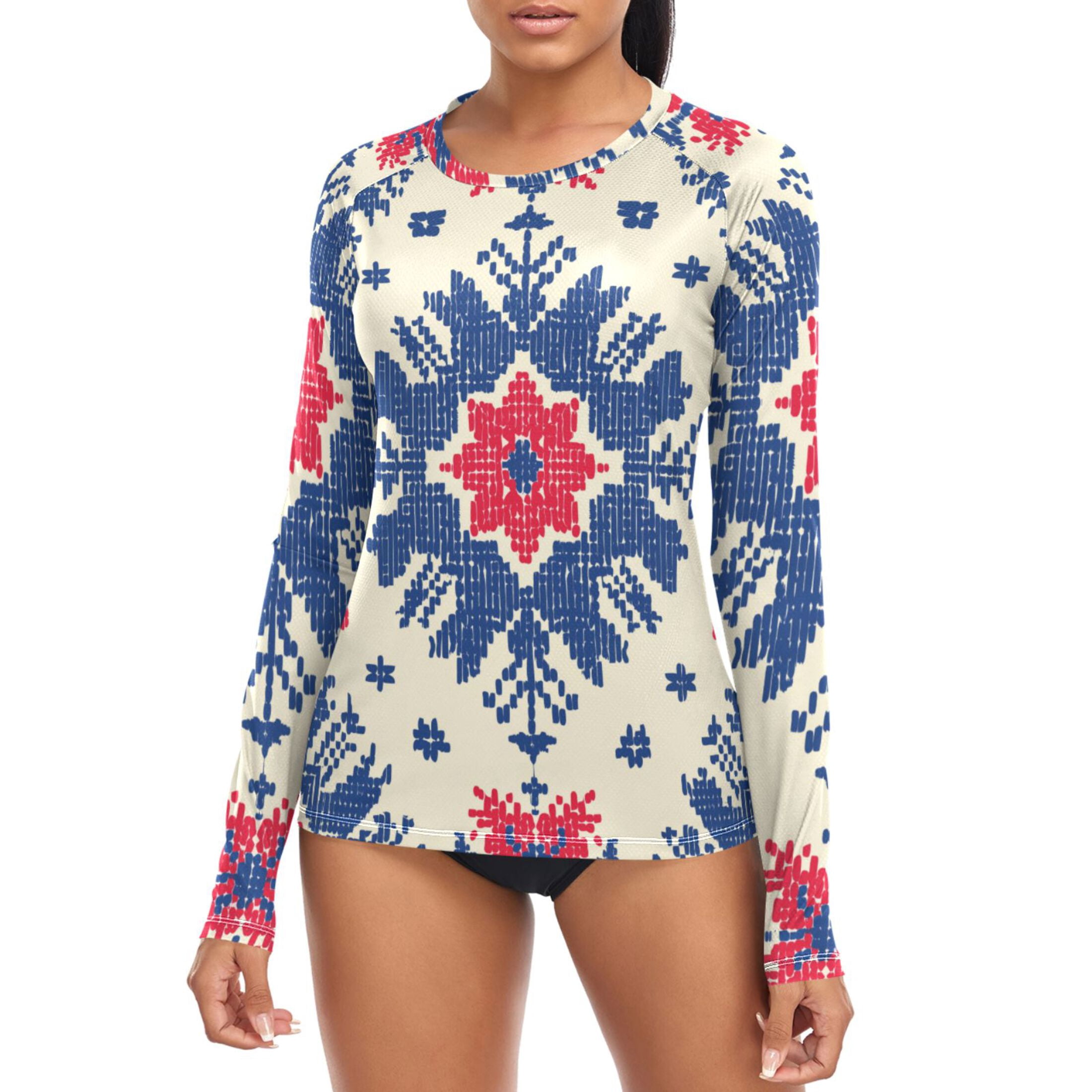 Red Blue Symmetrical Pattern Women's Rash Guard Shirts UPF 50+ Sun ...