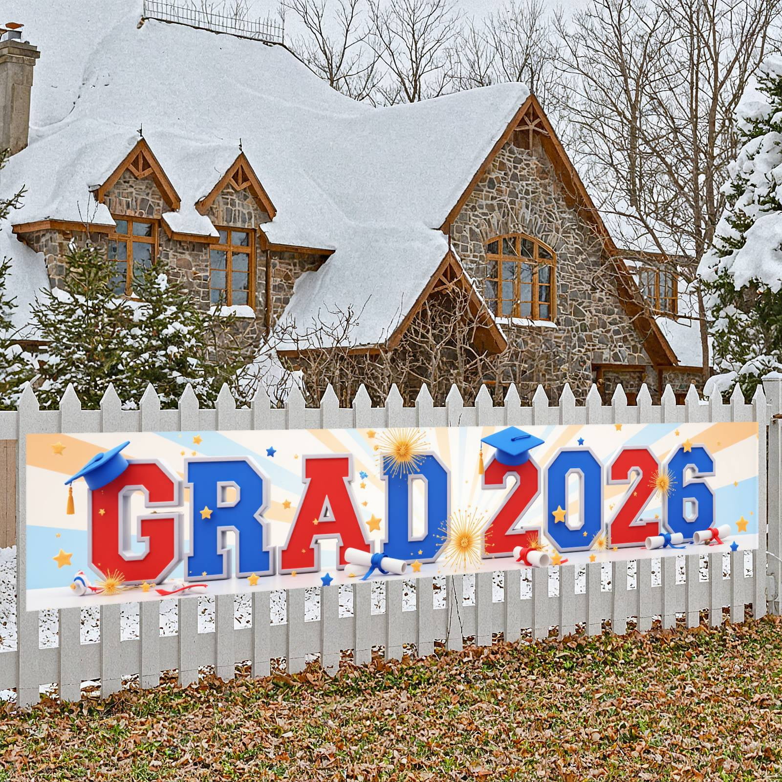 Red Blue Theme Grad 2026 Banner Graduation Cap Design Grad Ceremony ...