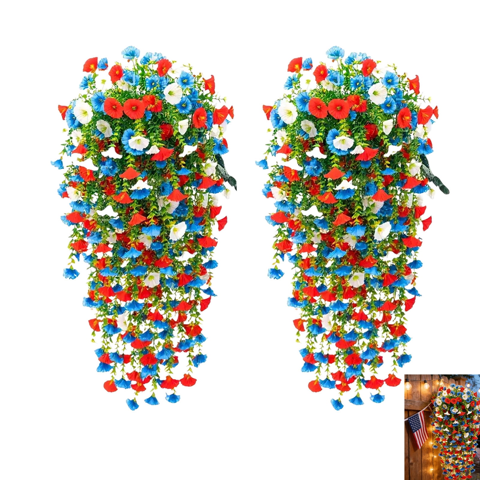 Red Blue White Flowers, Patriotic Artificial Hanging Plants, 4th of ...