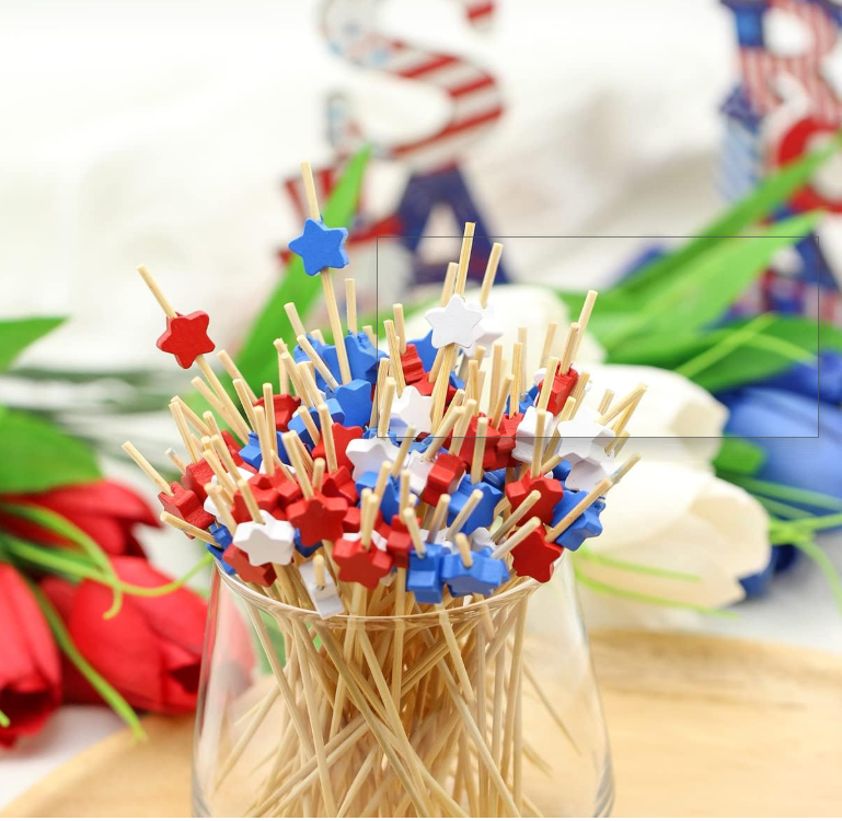 Red Blue White Star Cocktail Picks,4.7 Inch Long Bamboo Fancy ...