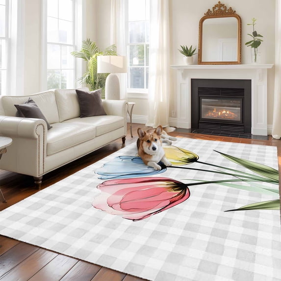 Red Blue Yellow Tulips Large Area Rugs 6x9 ft Transparent Flowers Gray ...