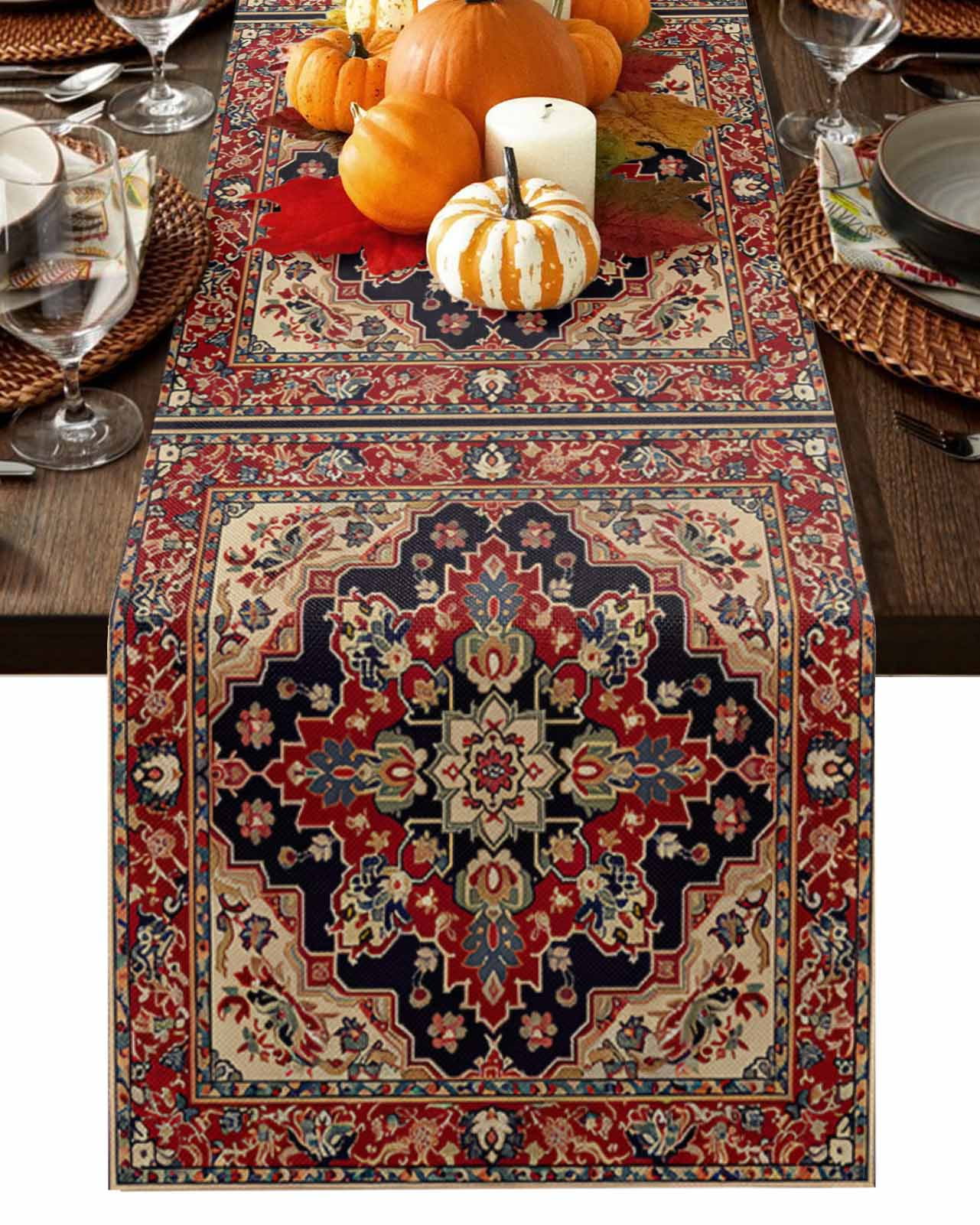 Red Bohemian Mandala Flower Table Runner-Cotton Linen- 48 Inch Holiday ...