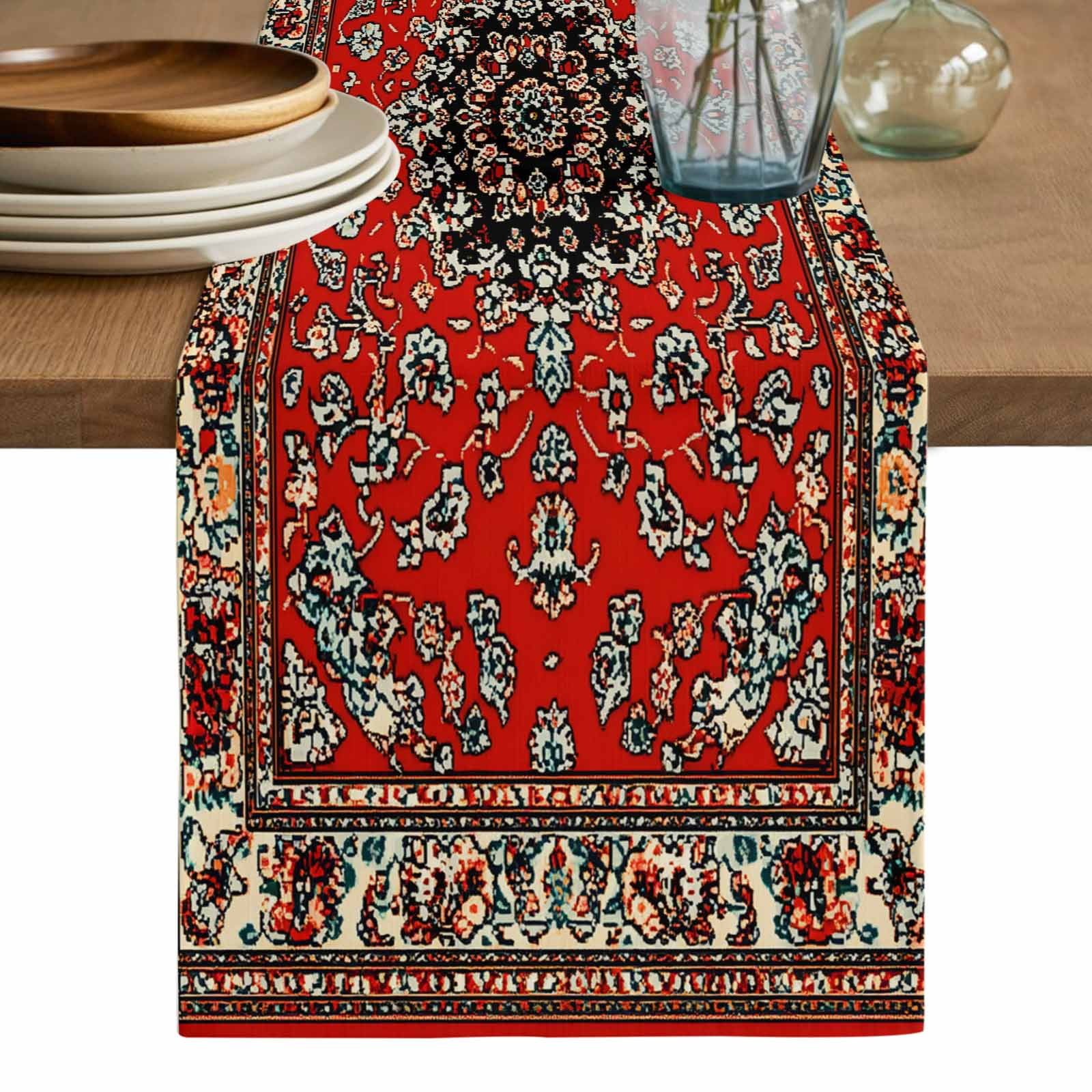 Red Bohemian Table Runner, Boho Flower Abstract Modern Retro Art ...