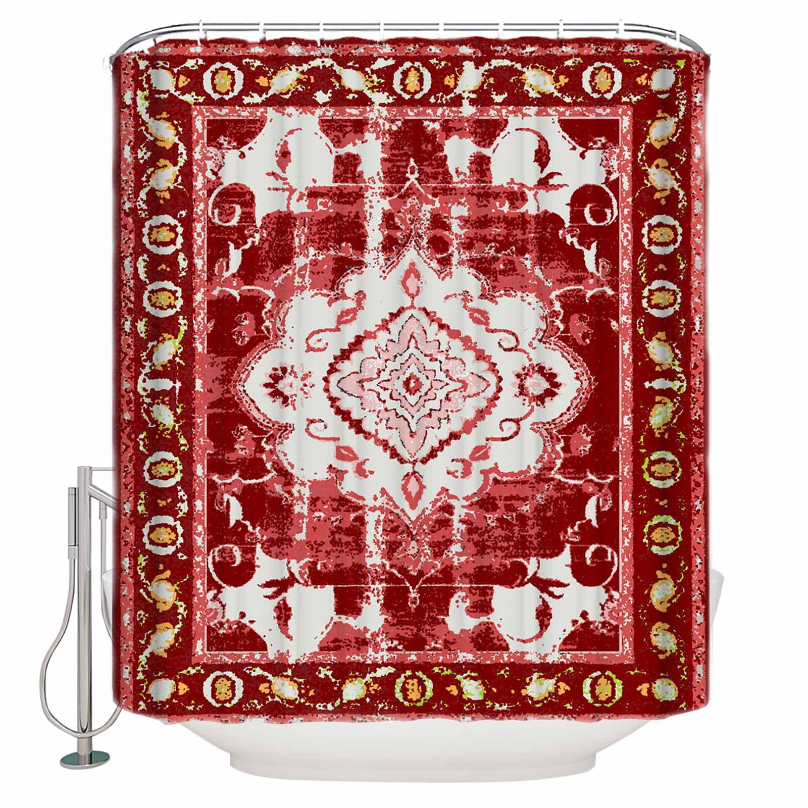 Red Boho Bathroom Shower Curtains with 12 Hooks Polyester Waterproof ...