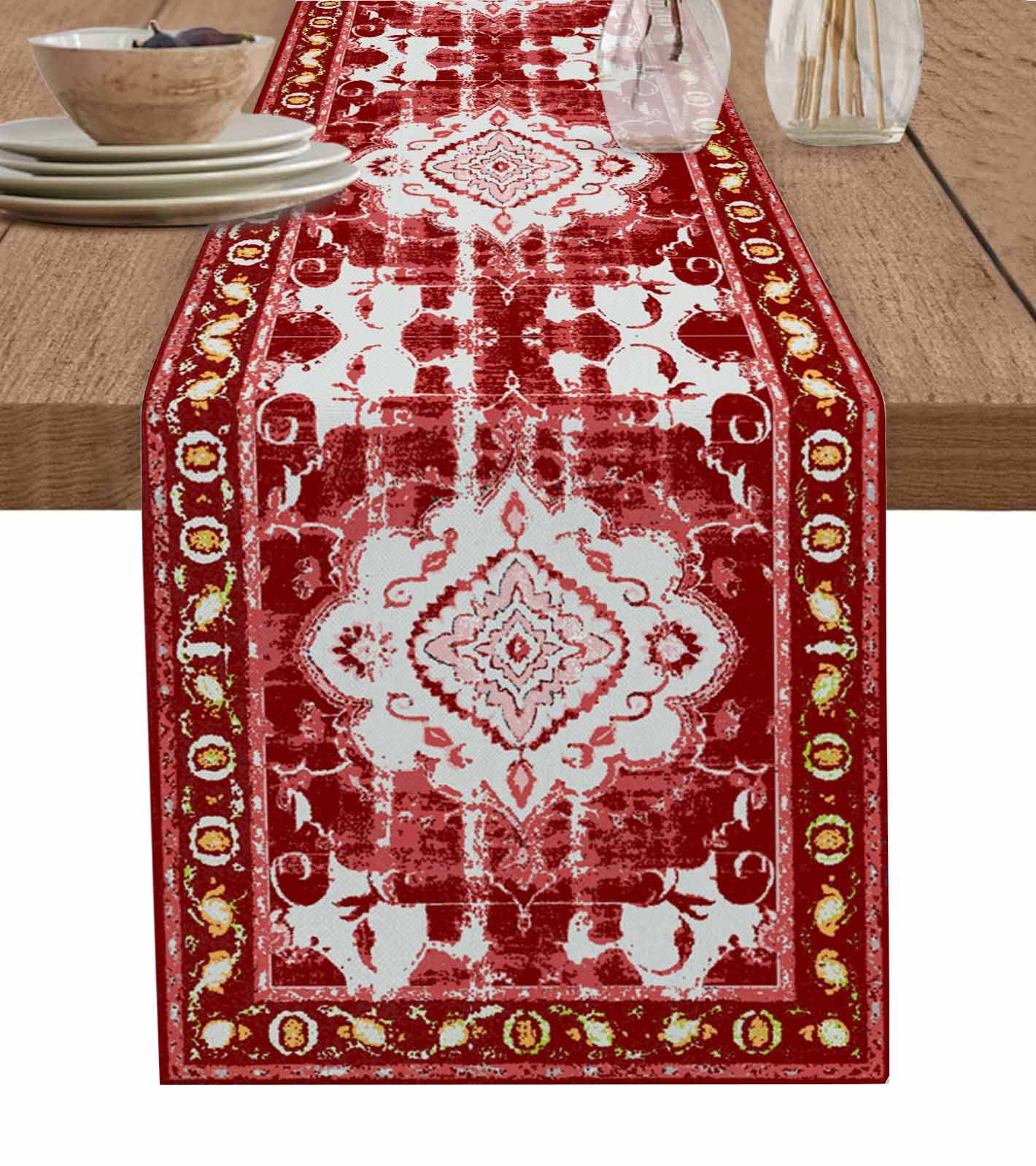 Red Boho Ethnic Table Runners 120 Inches Long, Cotton Linen Fabric ...