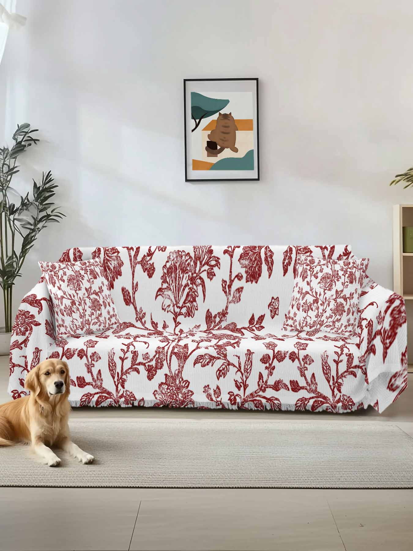 Red Boho Flower Couch Cover for 2 Cushion Sofa, Vintage Paisley ...