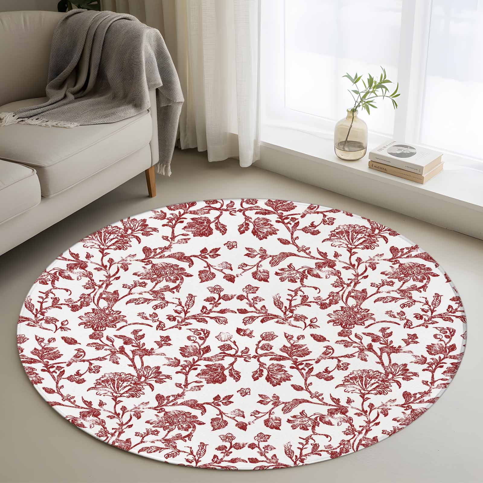 Red Boho Flower Round Rug 4ft Washable Circle Entryway Rugs Non Slip ...