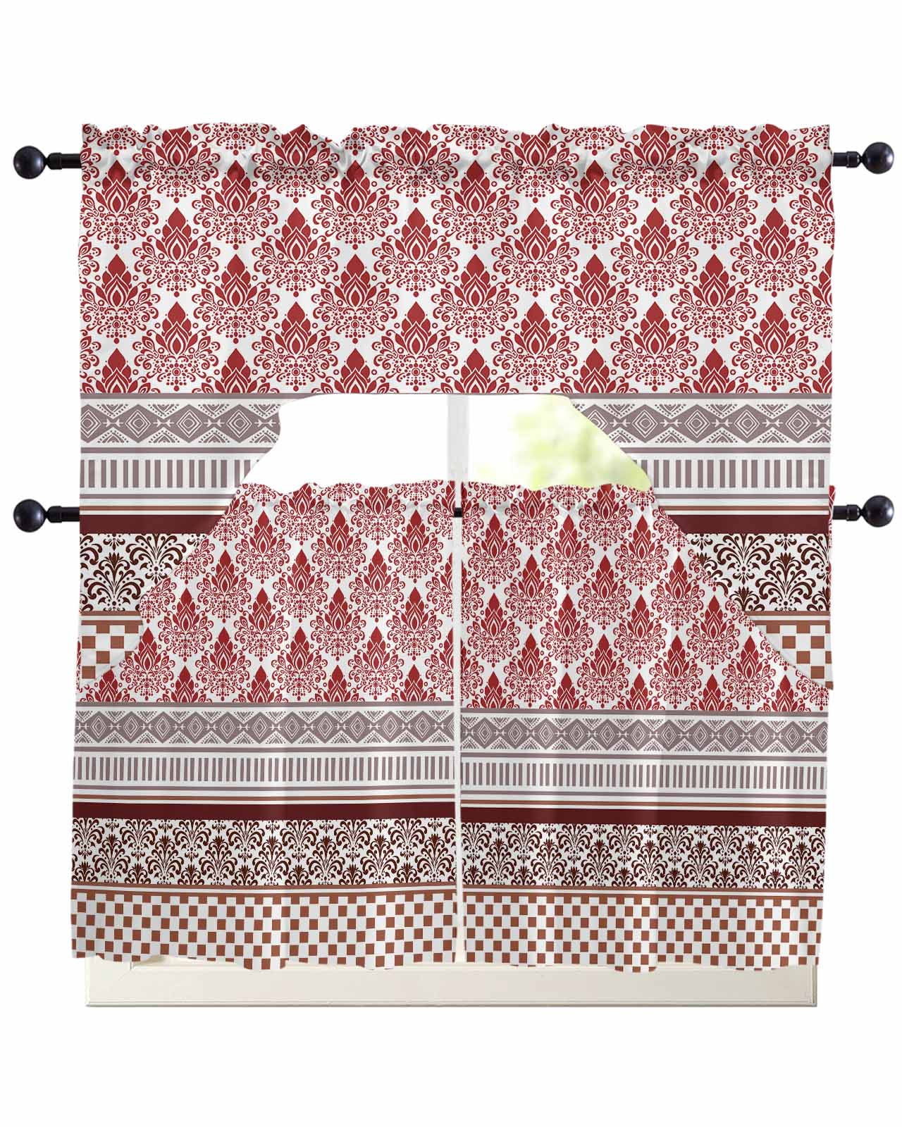 Red Boho Kitchen Curtains Sets 36 Inch Length with Valance, Geometric ...
