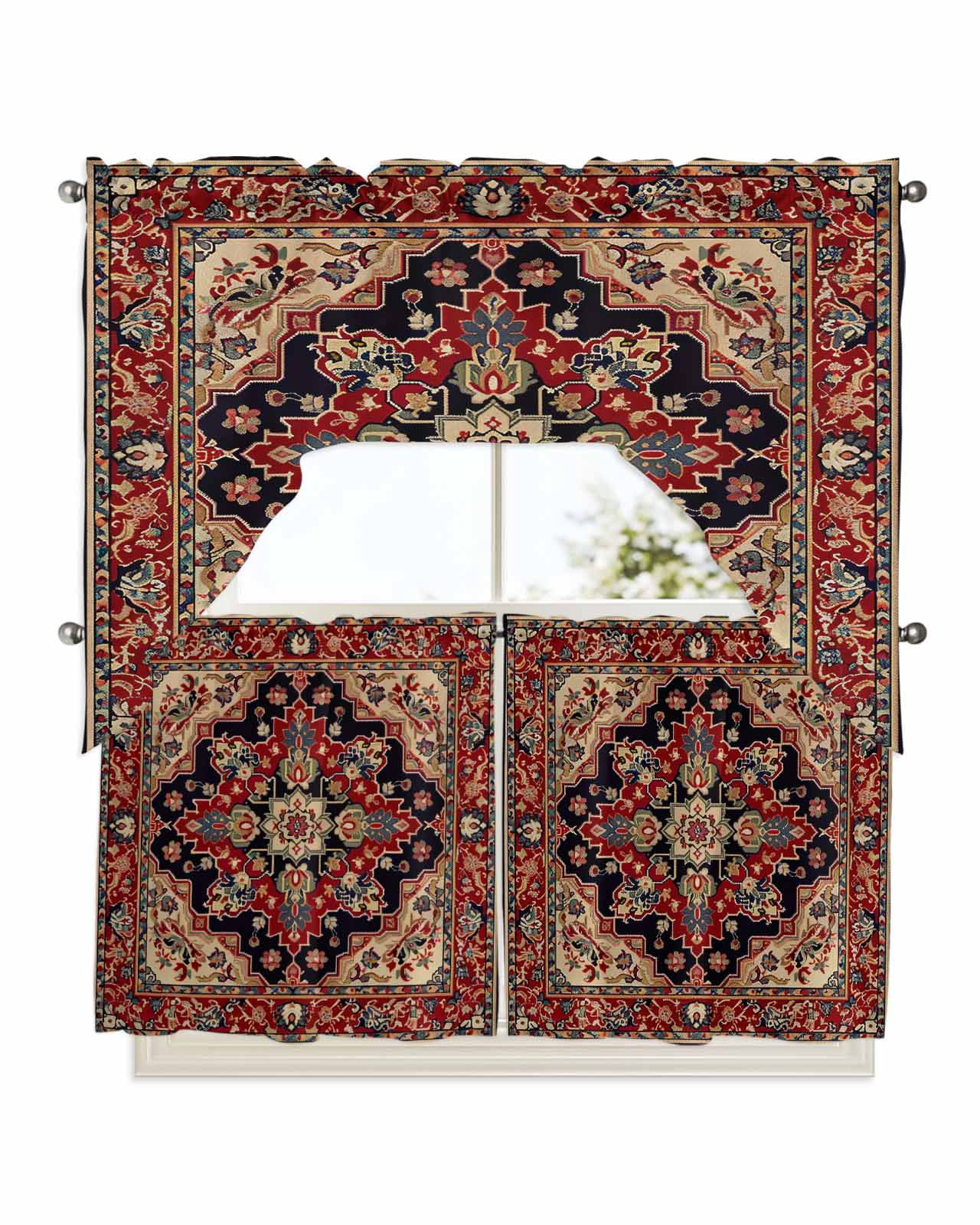 Red Boho Kitchen Curtains Swag Valance and Tier Curtains Set 24 Inch ...