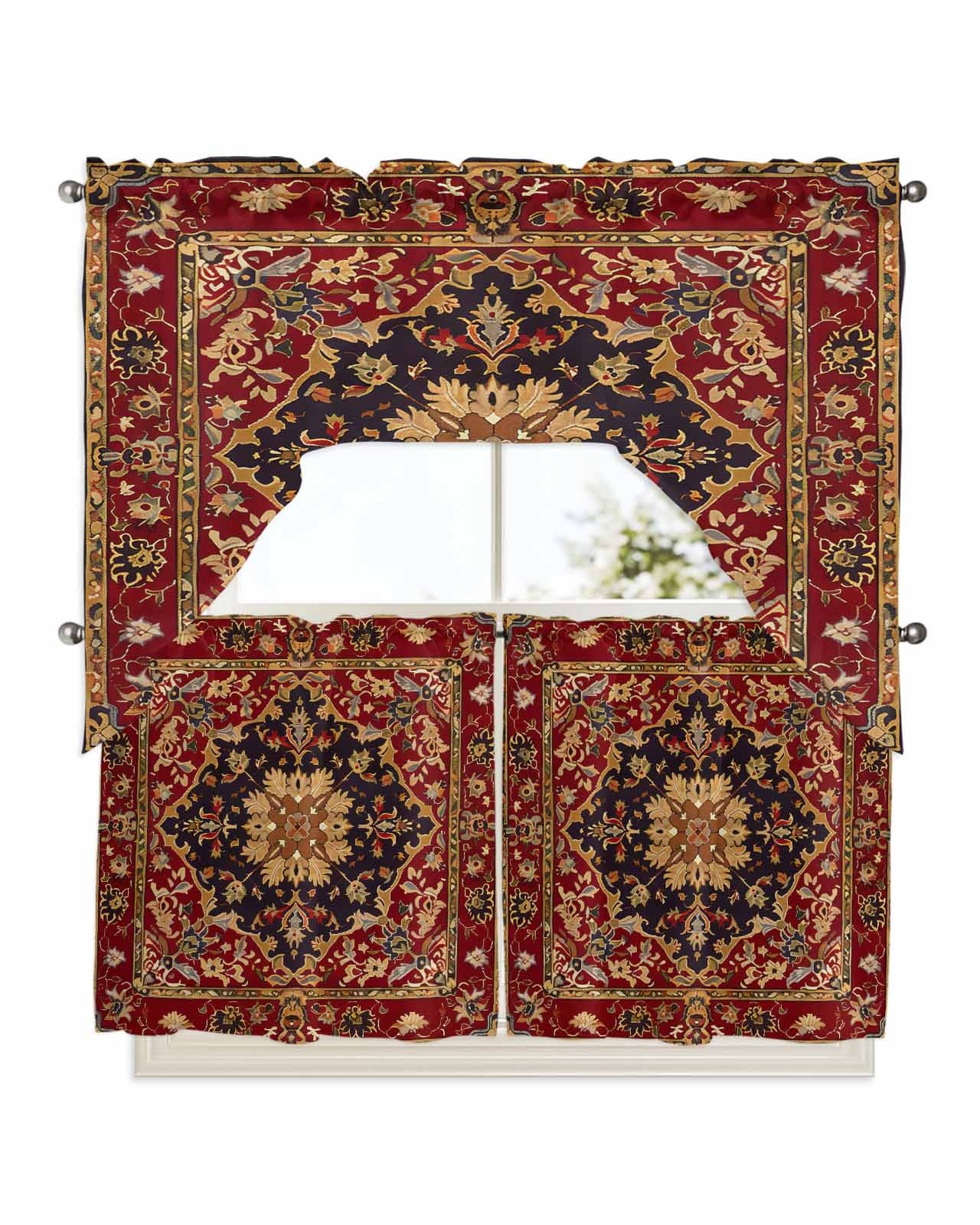 Red Boho Kitchen Curtains Swag Valance and Tier Curtains Set 24 Inch ...