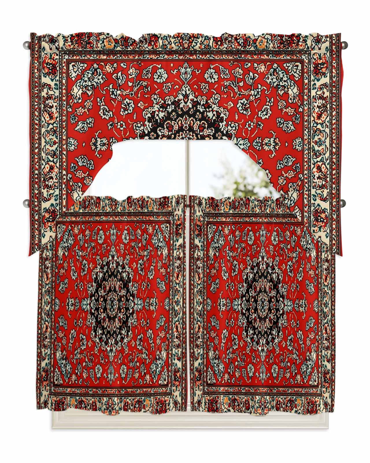 Red Boho Kitchen Curtains Swag Valance and Tier Curtains Set 36 Inch ...