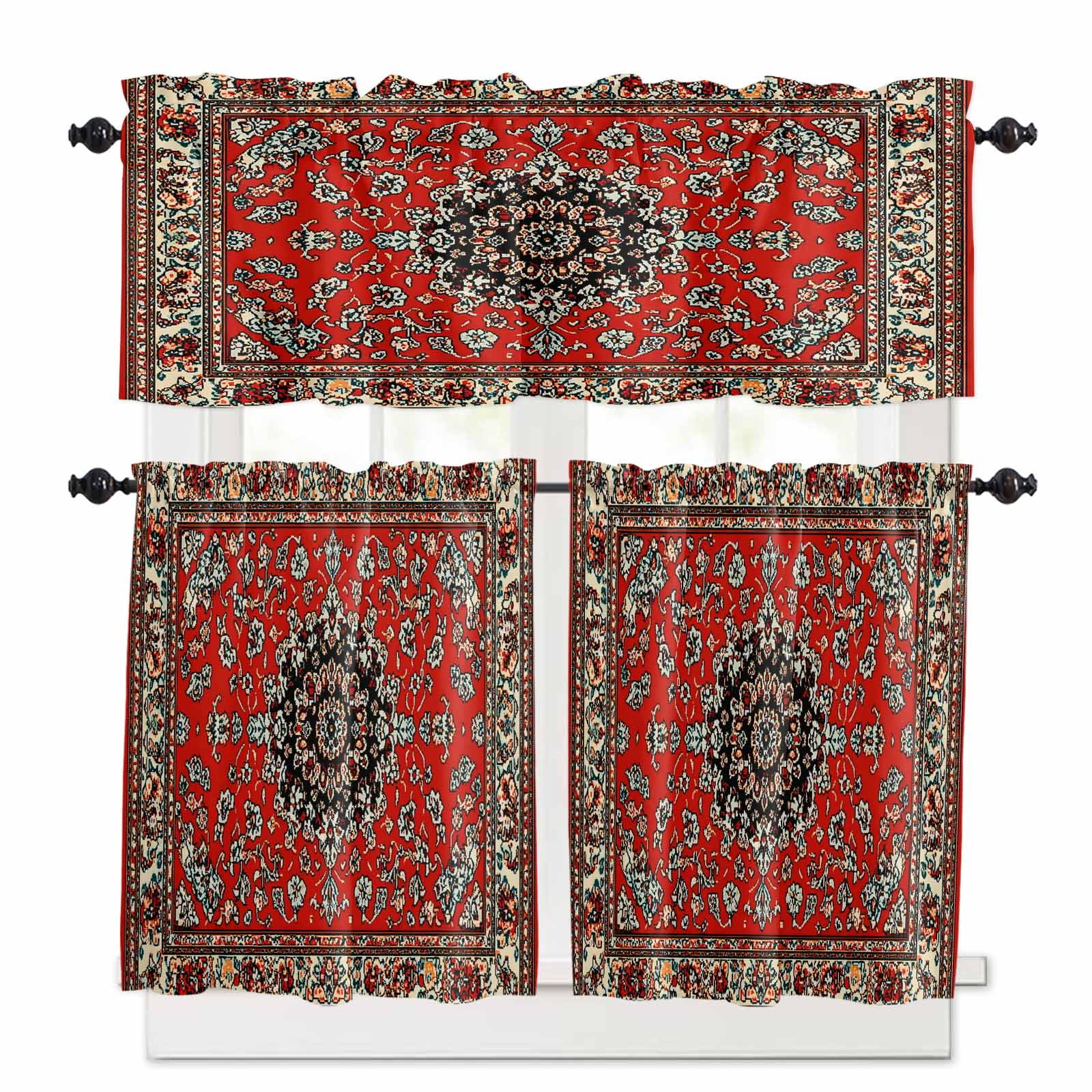 Red Boho Kitchen Curtains and Valances Set, 3 Piece Kitchen Curtains ...