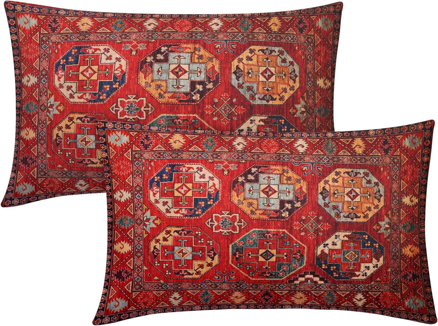 Red Boho Lumbar Pillow Covers 12x20 Set of 2 Vintage Ethnic Carpet ...