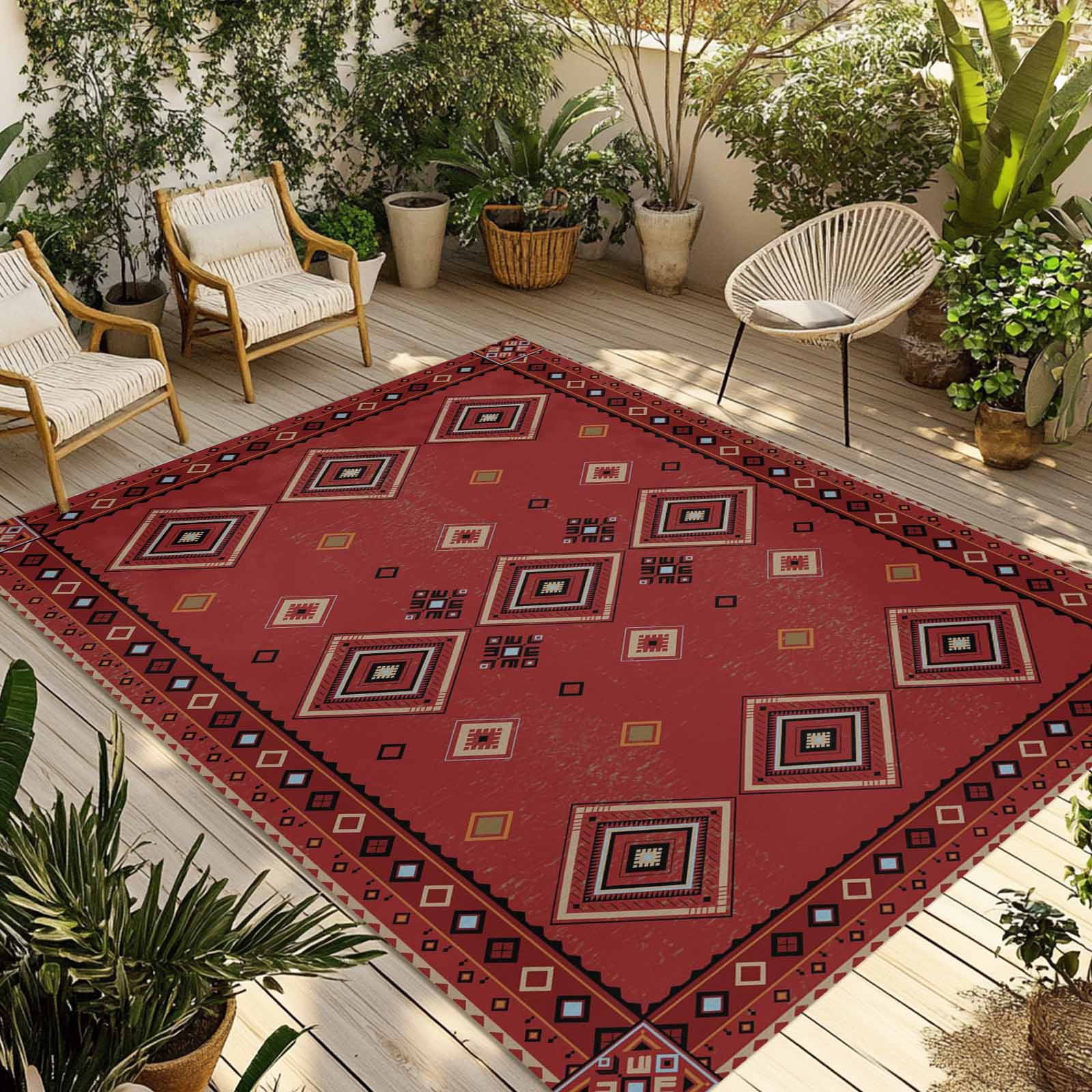 Red Boho Outdoor Rug for Patio/Deck/Porch, Non-Slip Large Area Rug 5 x ...