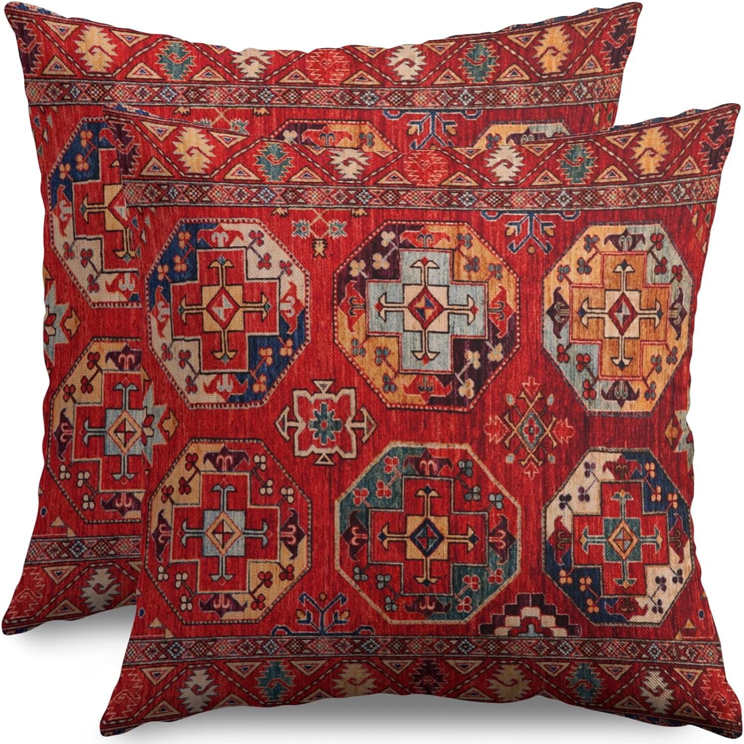 Red Boho Pillow Covers 20x20 Set of 2 Vintage Ethnic Carpet Pattern Bohemian Floral Print ...