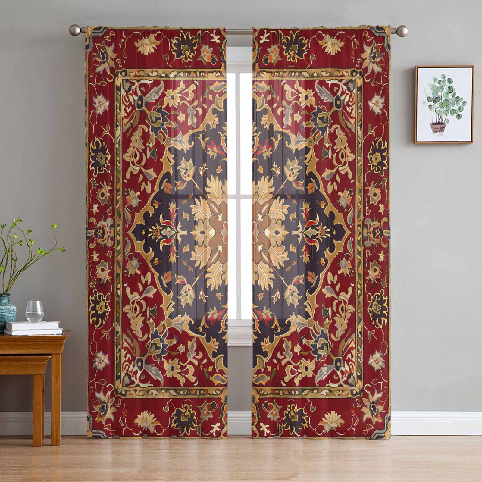 Red Boho Semi Sheer Curtains 84 Inch Length 2 Panels Set, Contemporary ...