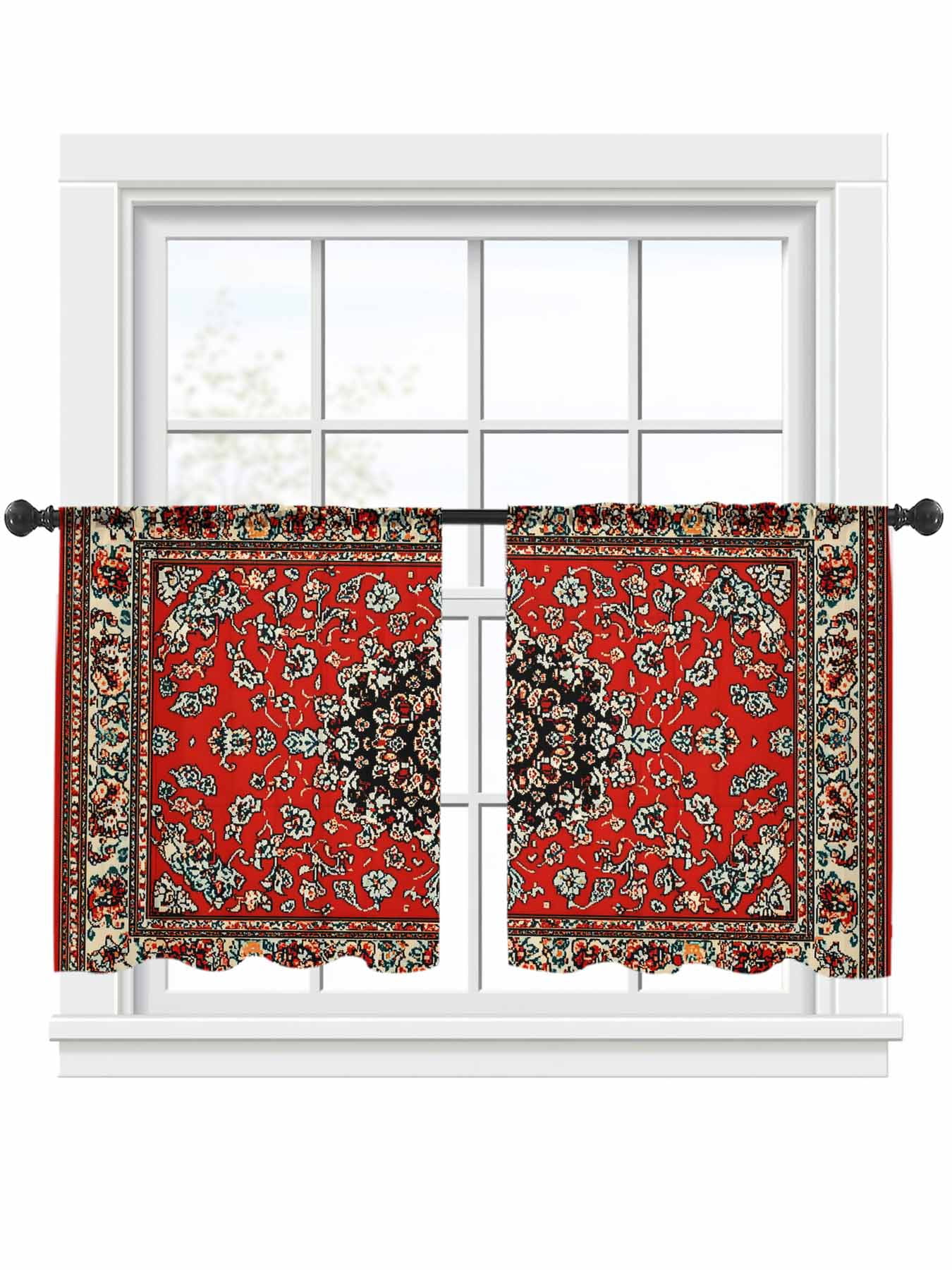 Red Boho Sheer Curtains 45 Inch Length 2 Panels Set, Semi Transparent ...