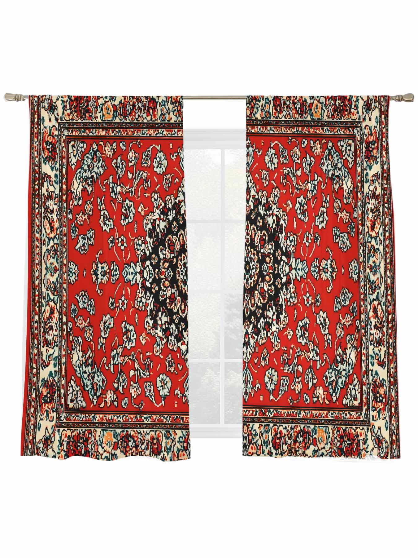 Red Boho Sheer Curtains 63 Inch Length 2 Panels Set, Semi Transparent ...