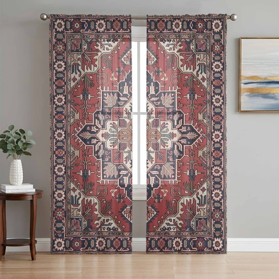 Red Boho Sheer Curtains 63 Inch Length 2 Panels Set, Southwest Aztec ...