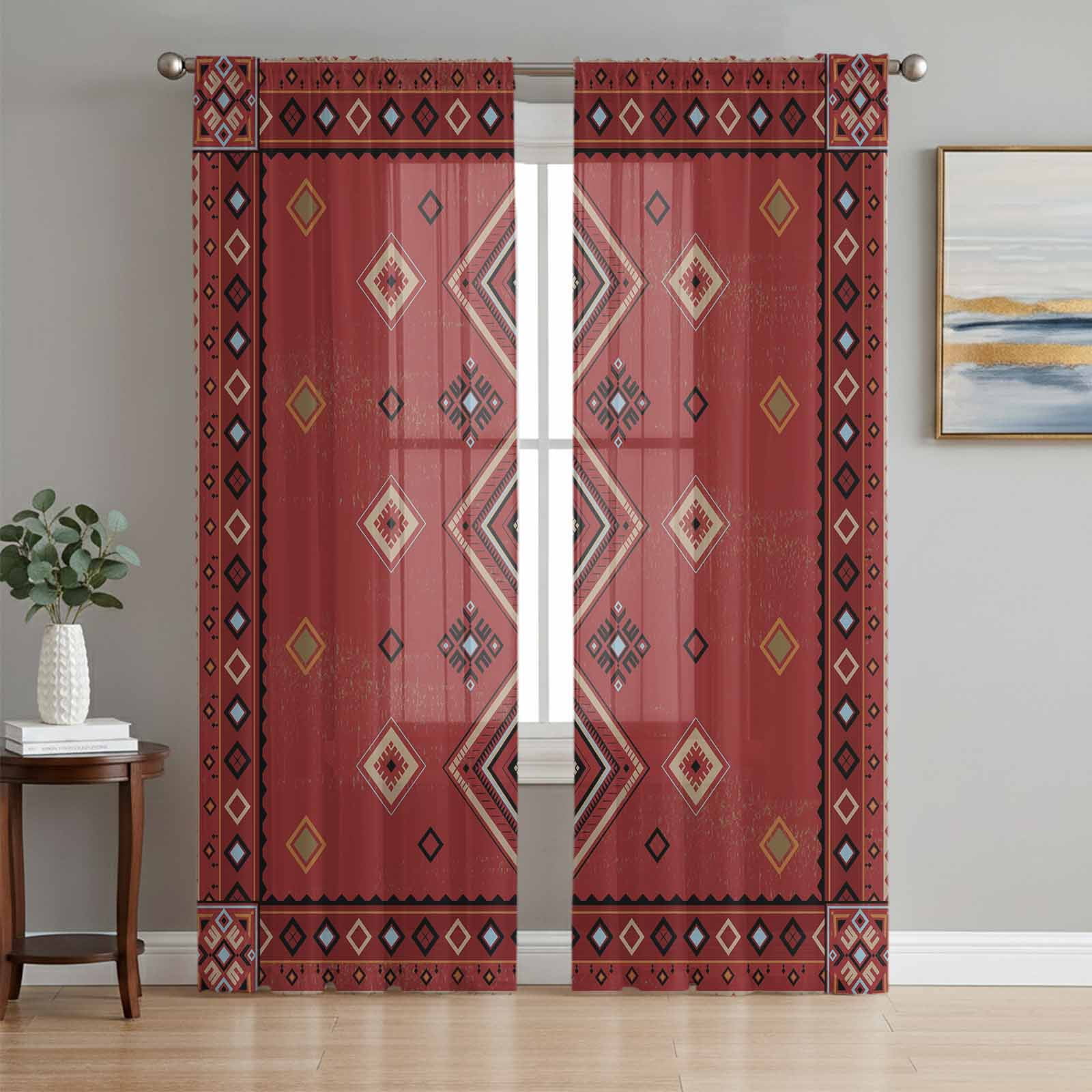 Red Boho Sheer Curtains 96 Inch Length 2 Panels Set, Country Tribe ...