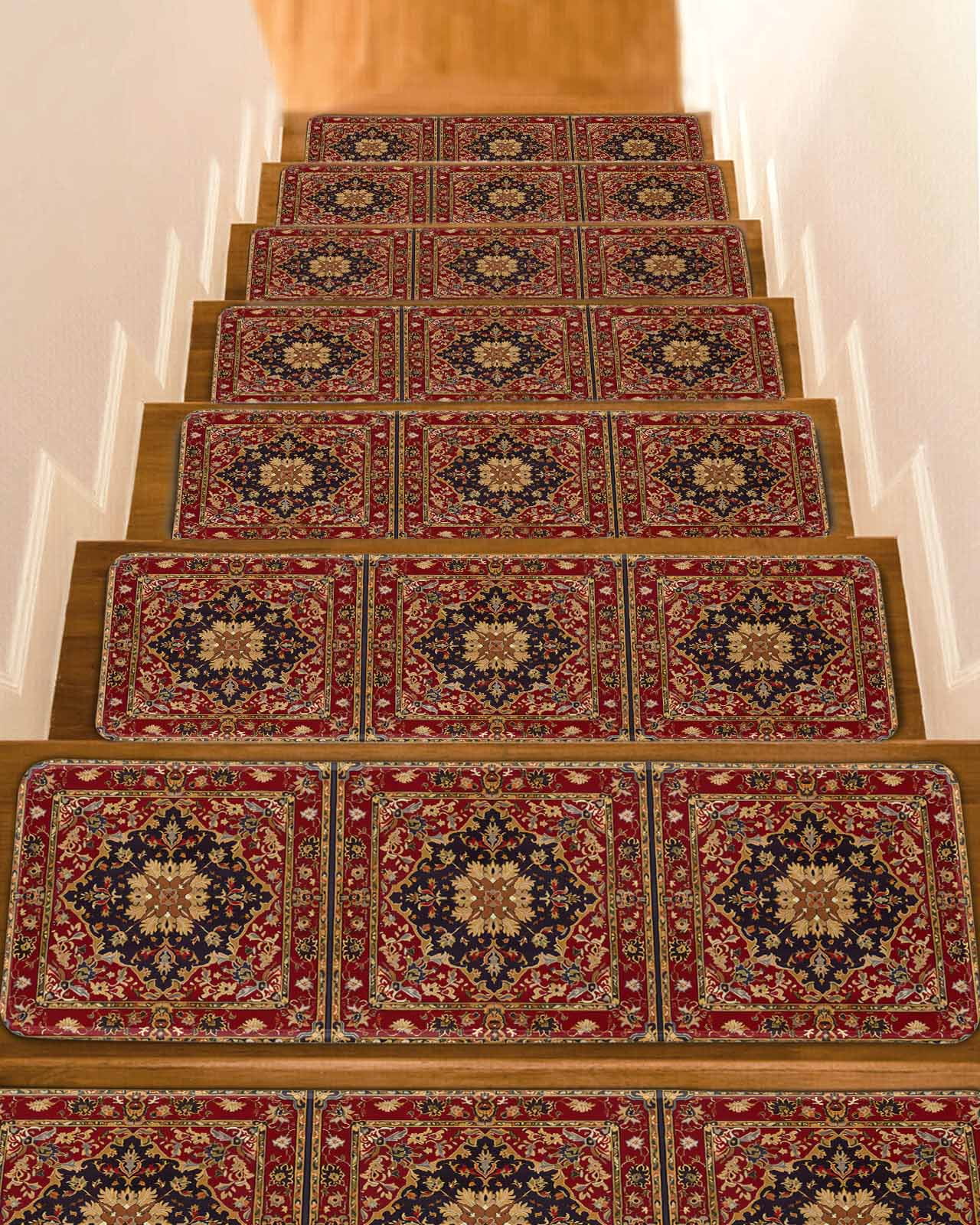 Red Boho Stair Treads for Wooden Steps Indoor Runner Rug Carpet ...
