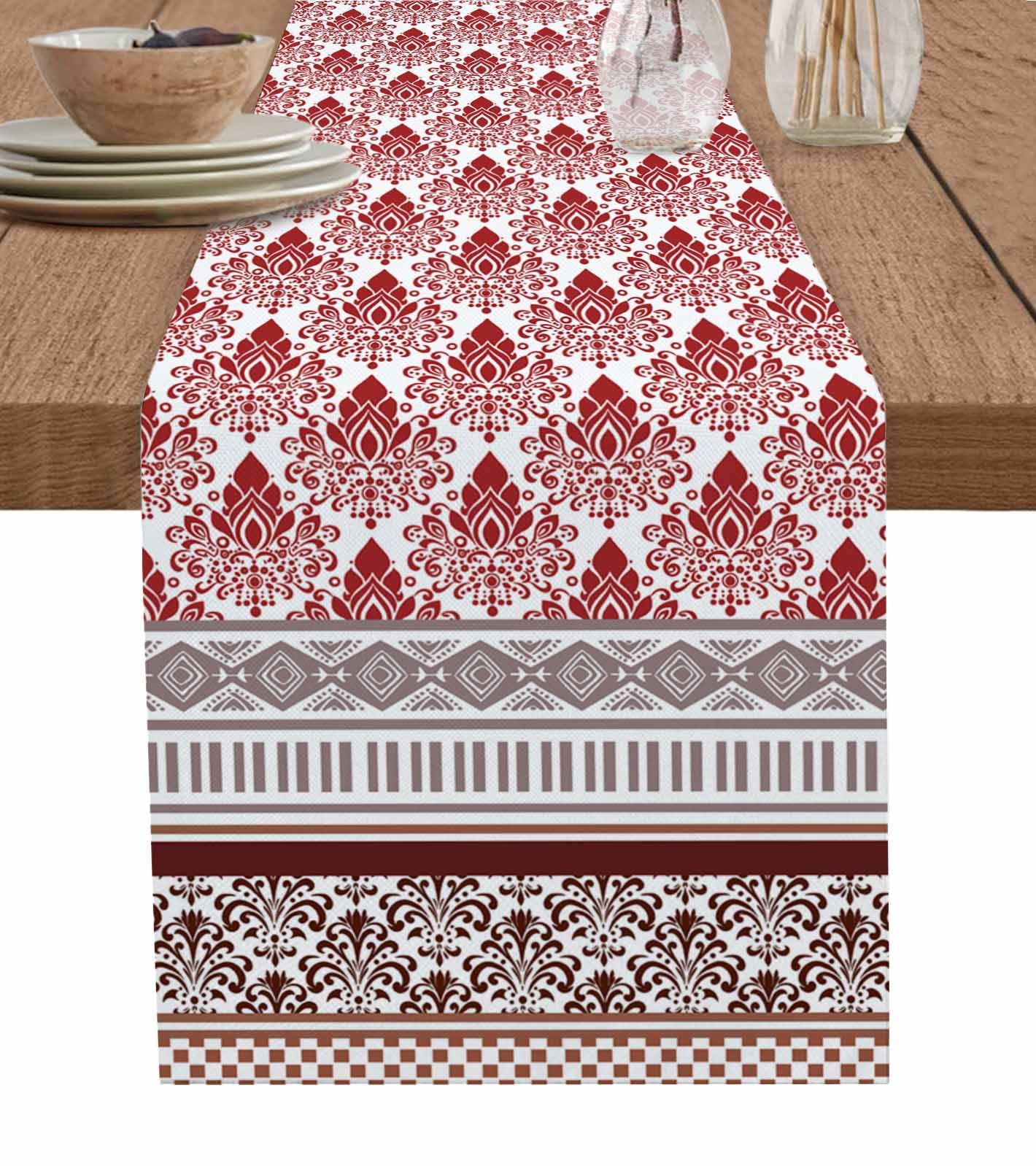 Red Boho Table Runner 36 Inches, Geometric Stripes Middle Century Plaid ...