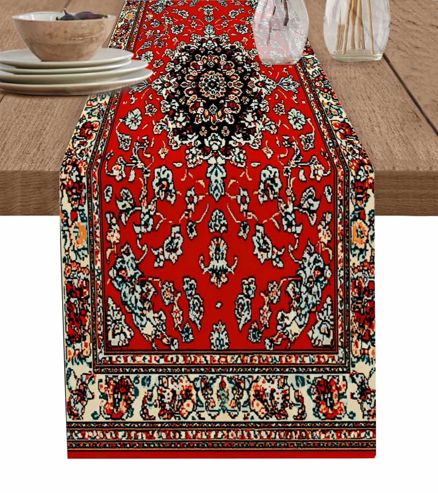 Red Boho Table Runner Vintage Farmhouse Abstract Floral Aesthetic ...