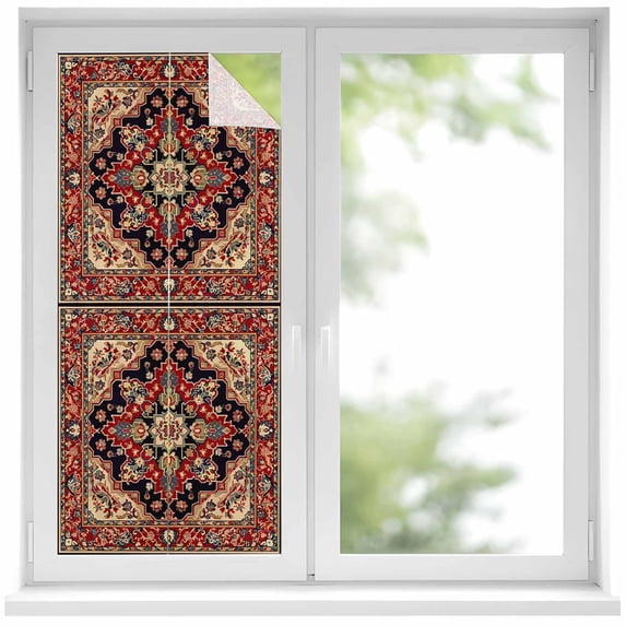 Red Boho Window Privacy Film, Contemporary Abstract Ethnic Retro ...