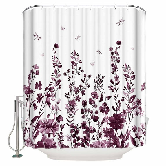 Red Botanical Bathroom Shower Curtains with 12 Hooks Polyester ...