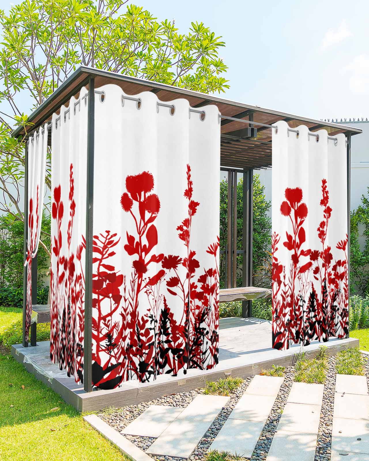 Red Botanical Outdoor Curtains for Patio Waterproof,Retro Gradient ...