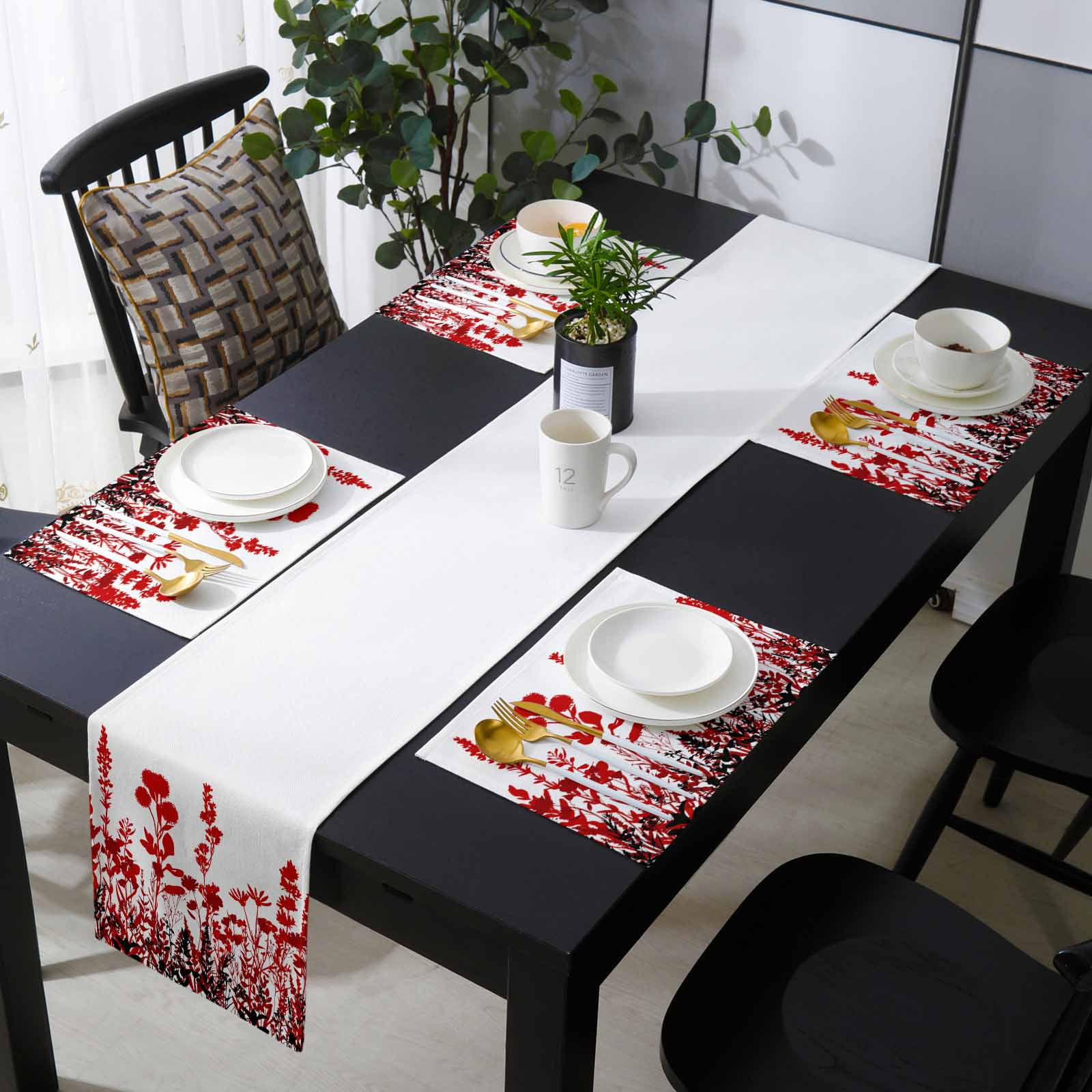 Red Botanical Placemats Set of 6 with 90 Inches Long Table Runners ...