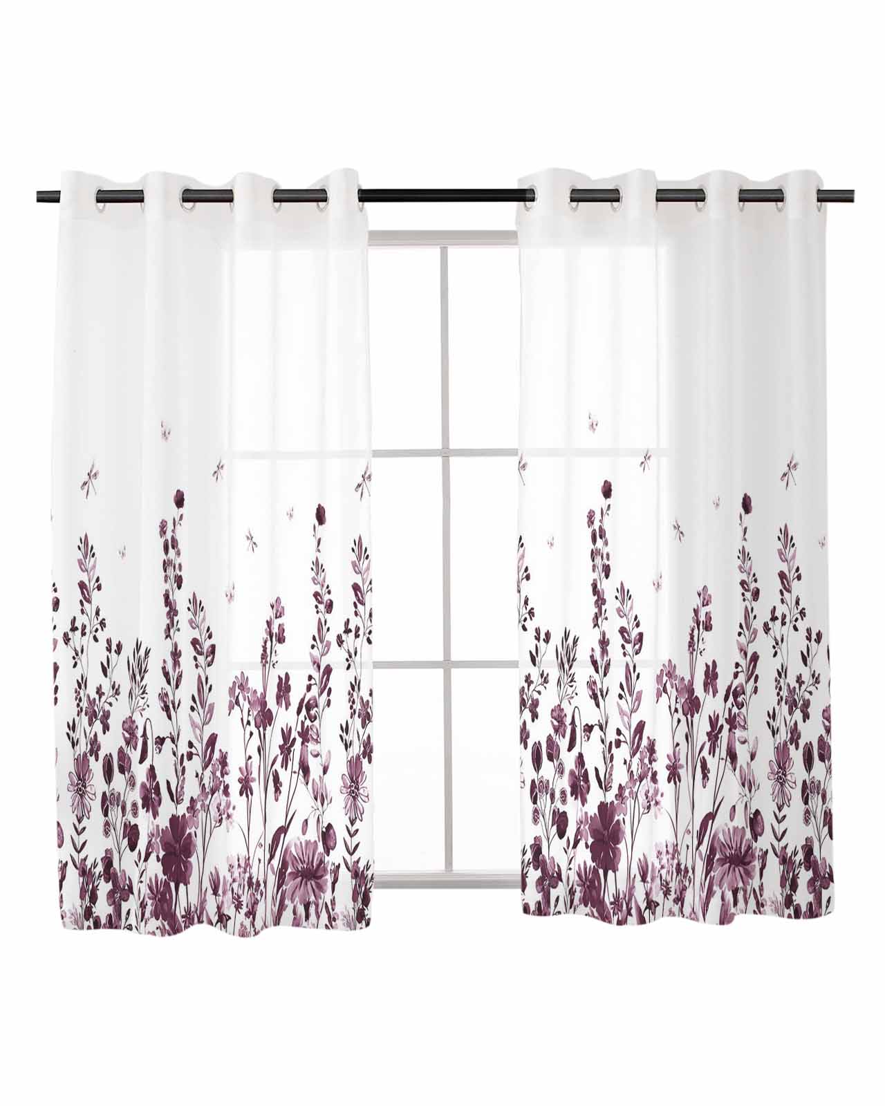 Red Botanical Sheer Curtains 54 Inch Length 2 Panels Dragonfly Flower ...