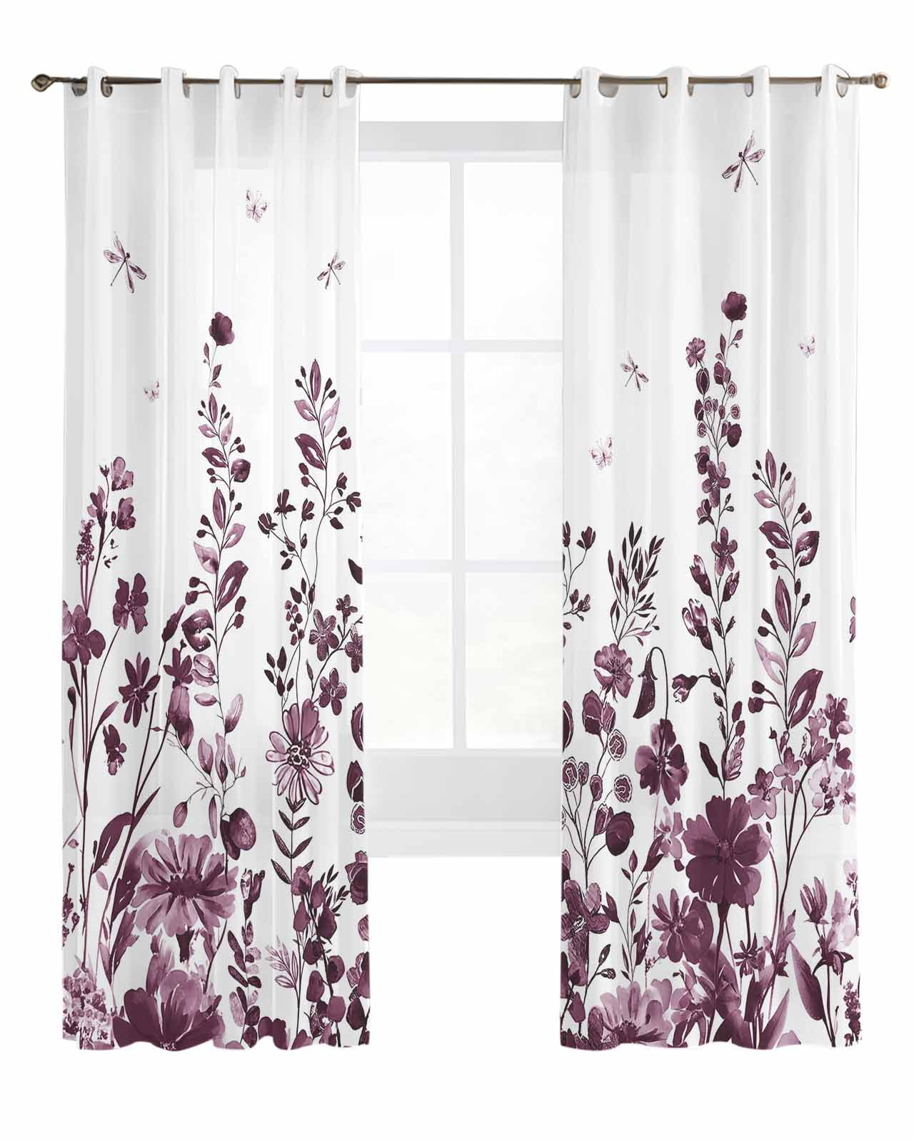 Red Botanical Sheer Curtains 96 Inch Length 2 Panels Dragonfly Flower ...
